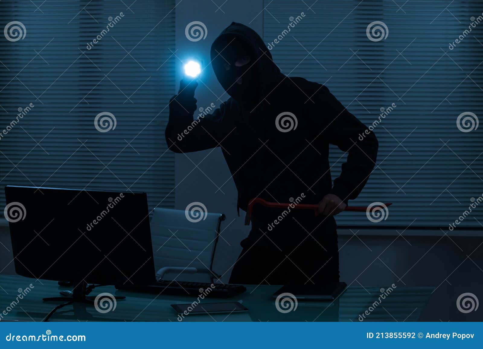 Thief with Flashlight in Office Stock Photo - Image of hacker, office ...
