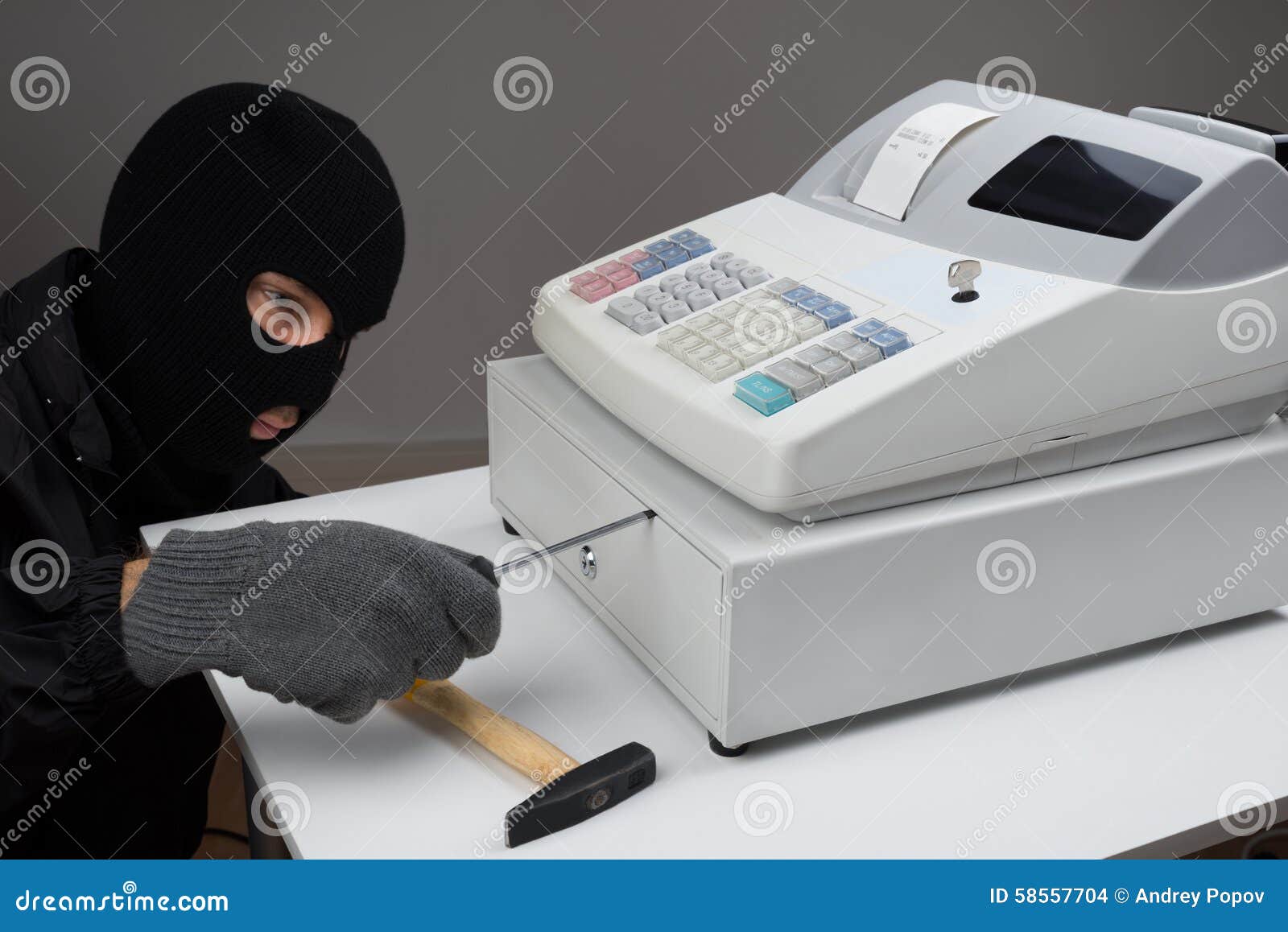 Thief Opening Cash Register Drawer Stock Photo - Image of opening ...