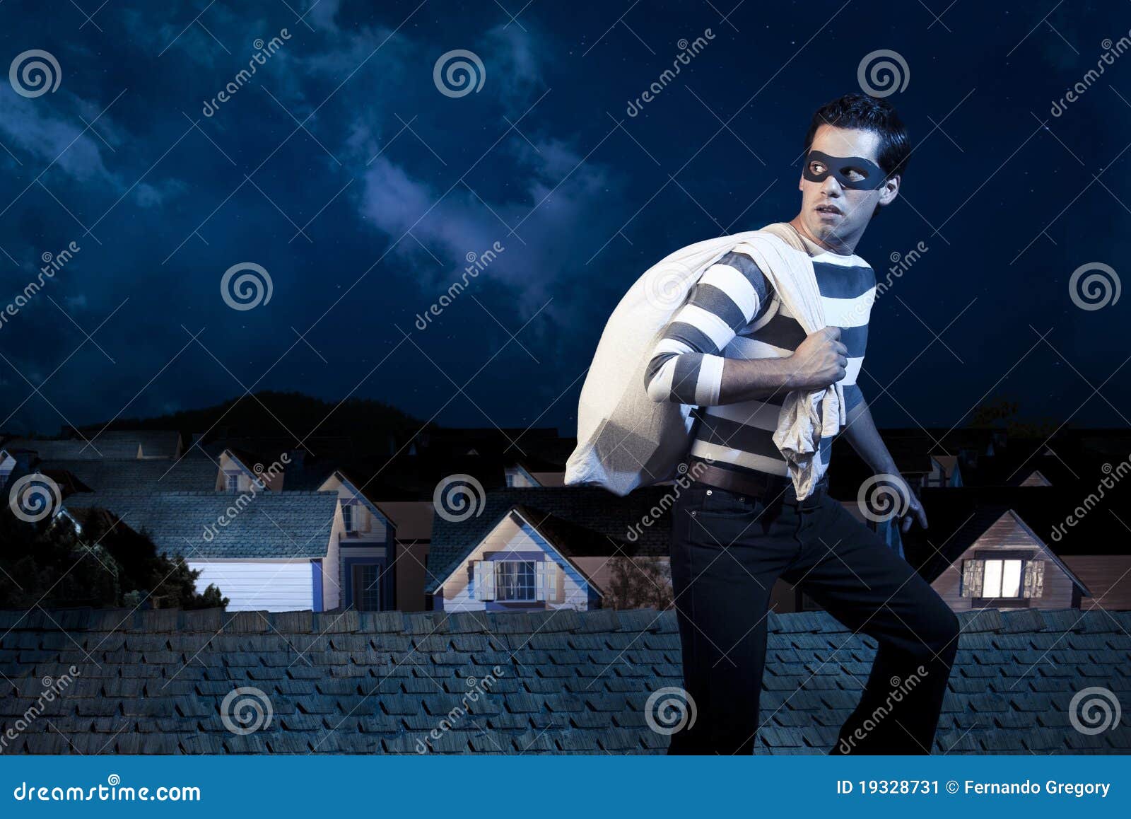 Thief on the Roof of a House at Night Stock Image - Image of light ...