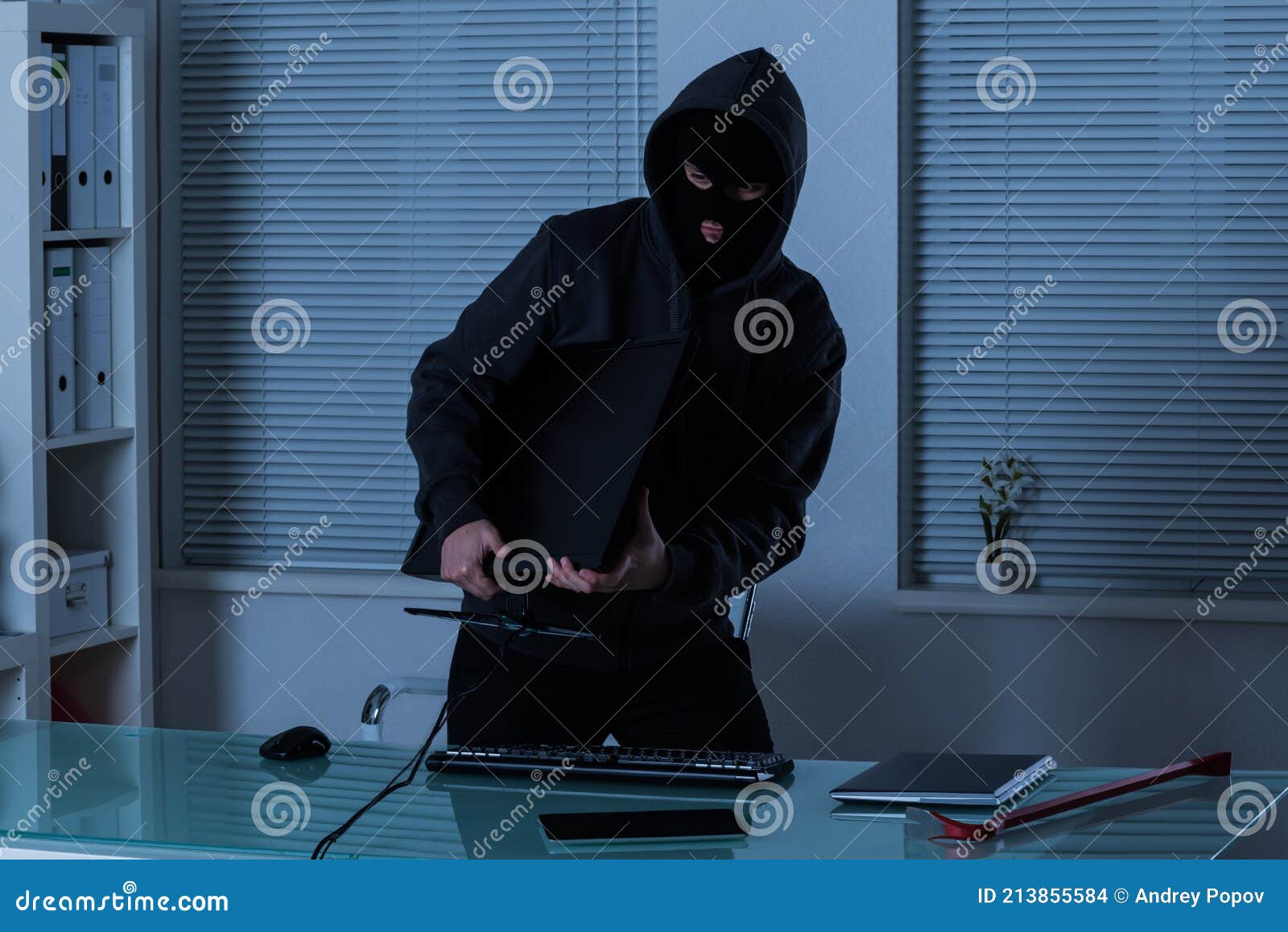 Thief Stealing Computer stock photo. Image of crowbar - 213855584