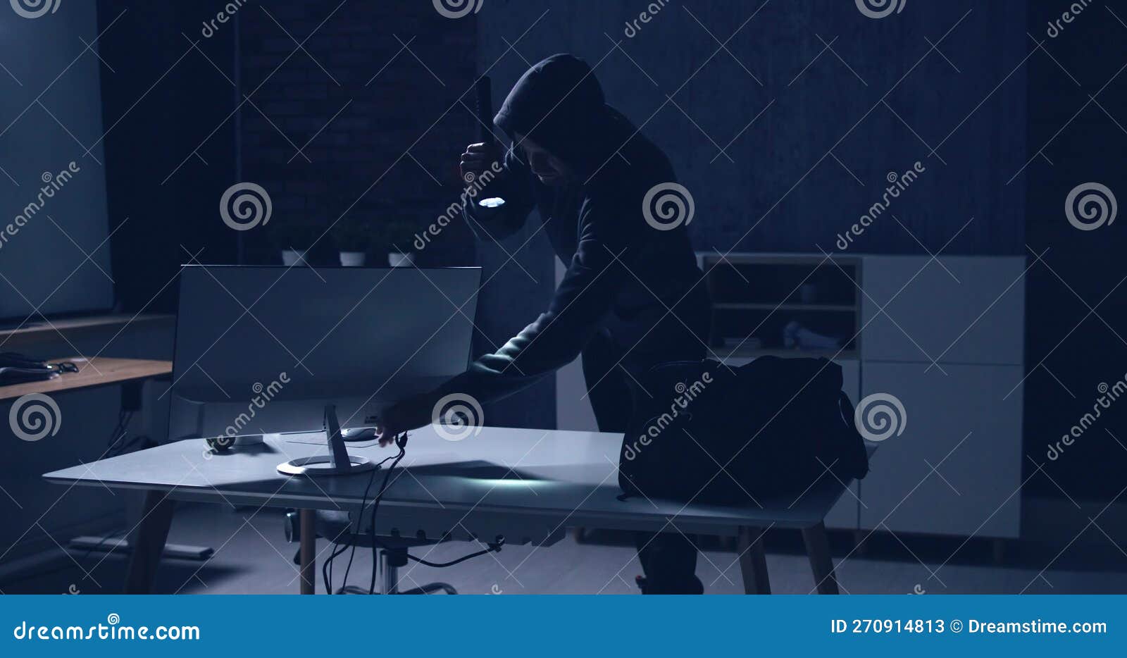 Thief Stealing Computer from Office Stock Image - Image of night ...