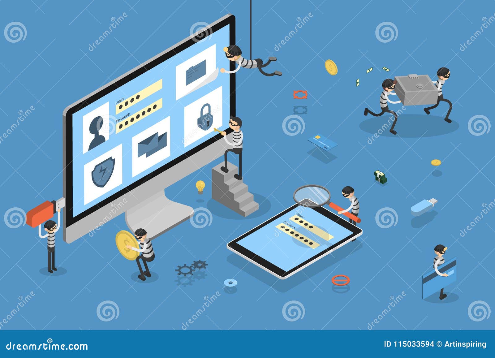 Thief stealing data. stock vector. Illustration of network - 115033594