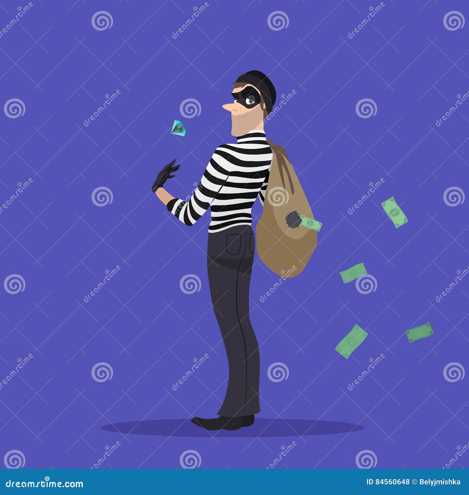 A Thief with a Stolen Diamond, and a Bag of Money Stock Vector ...