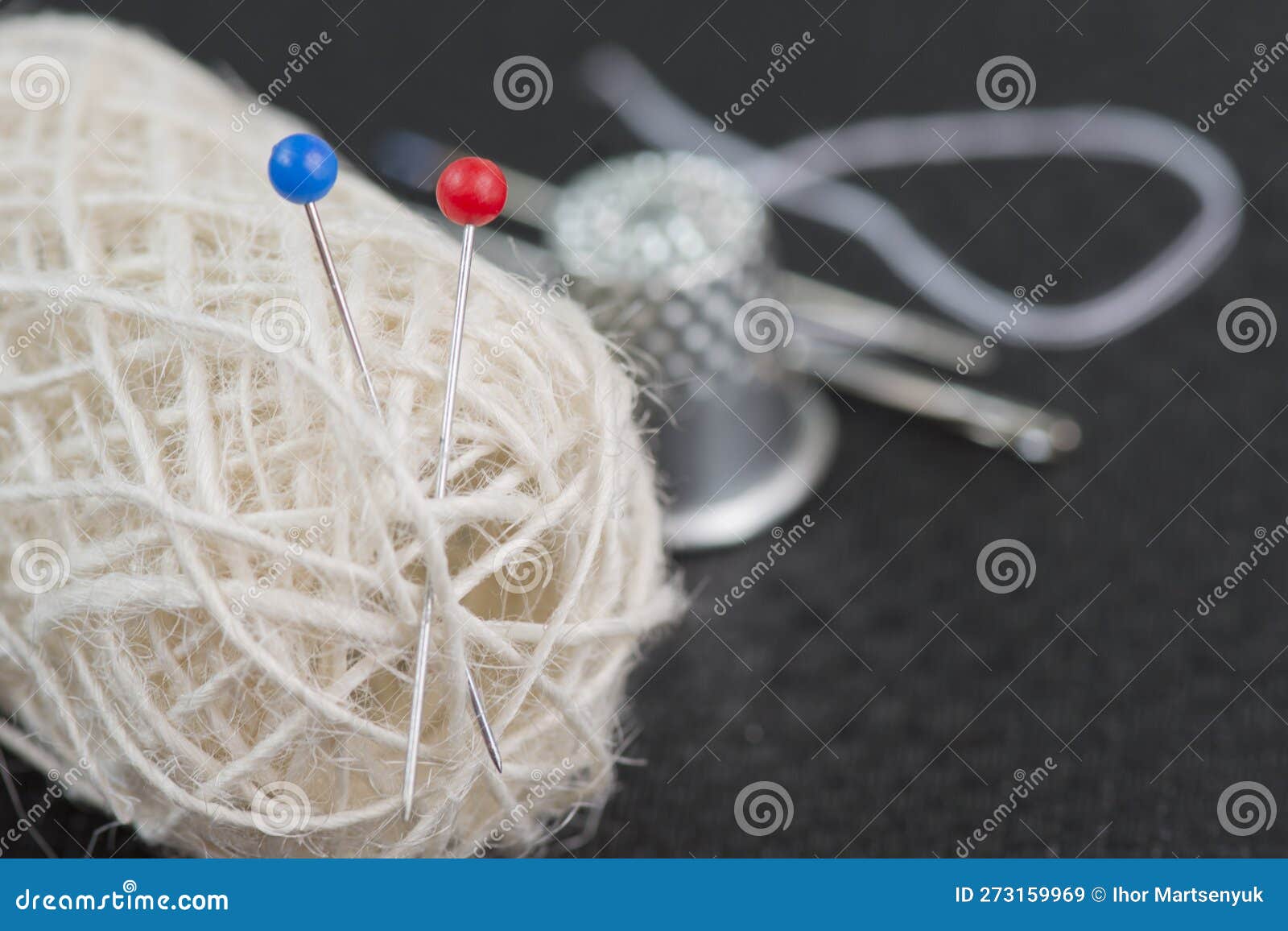 Thimble, Needle, Measuring Tape, Spool of Jute Thread and Pins. Items ...