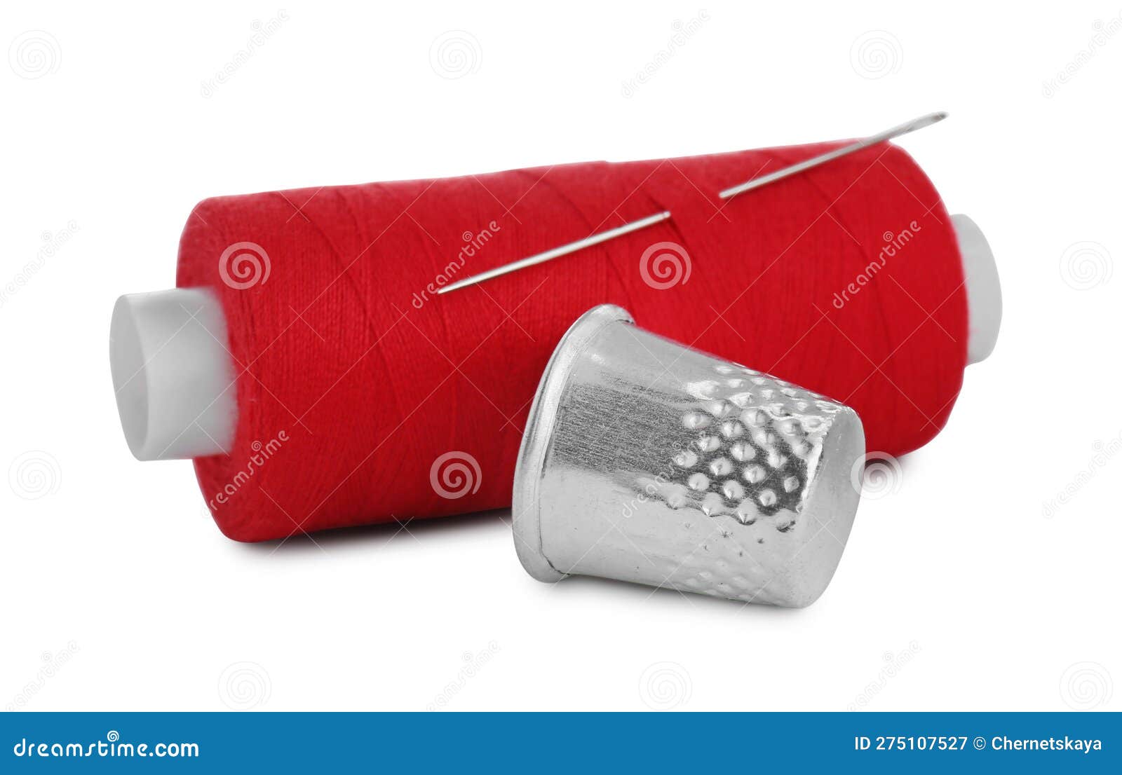 Thimble and Spool of Red Sewing Thread with Needle Isolated on White Stock Image - Image of ...