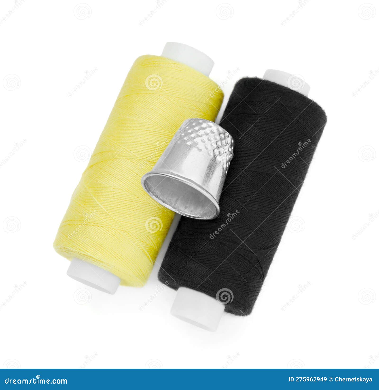 Thimble and Spools of Sewing Threads Isolated on White, Top View Stock ...
