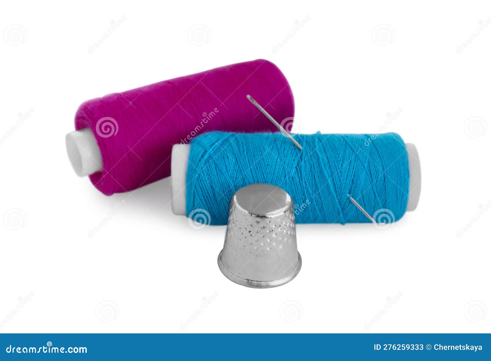 Thimble, Spools of Sewing Threads and Needle Isolated on White Stock ...