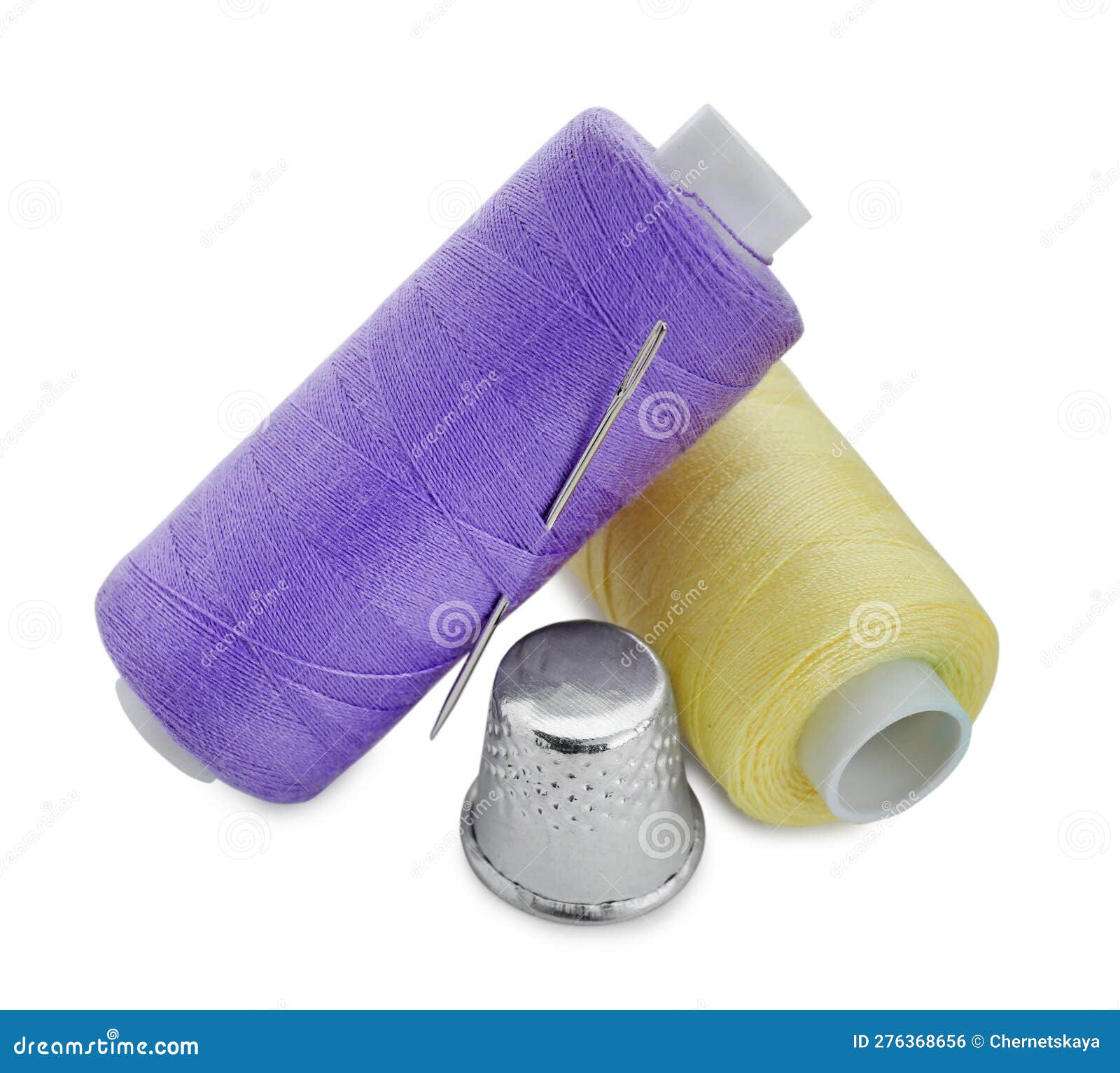 Thimble and Spools of Sewing Threads with Needle Isolated on White ...