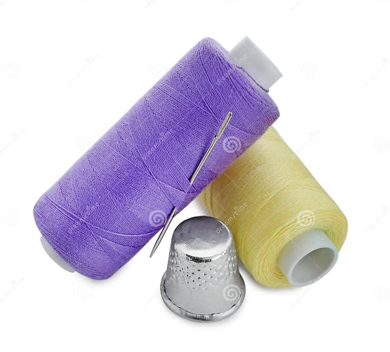 Thimble and Spools of Sewing Threads with Needle Isolated on White ...