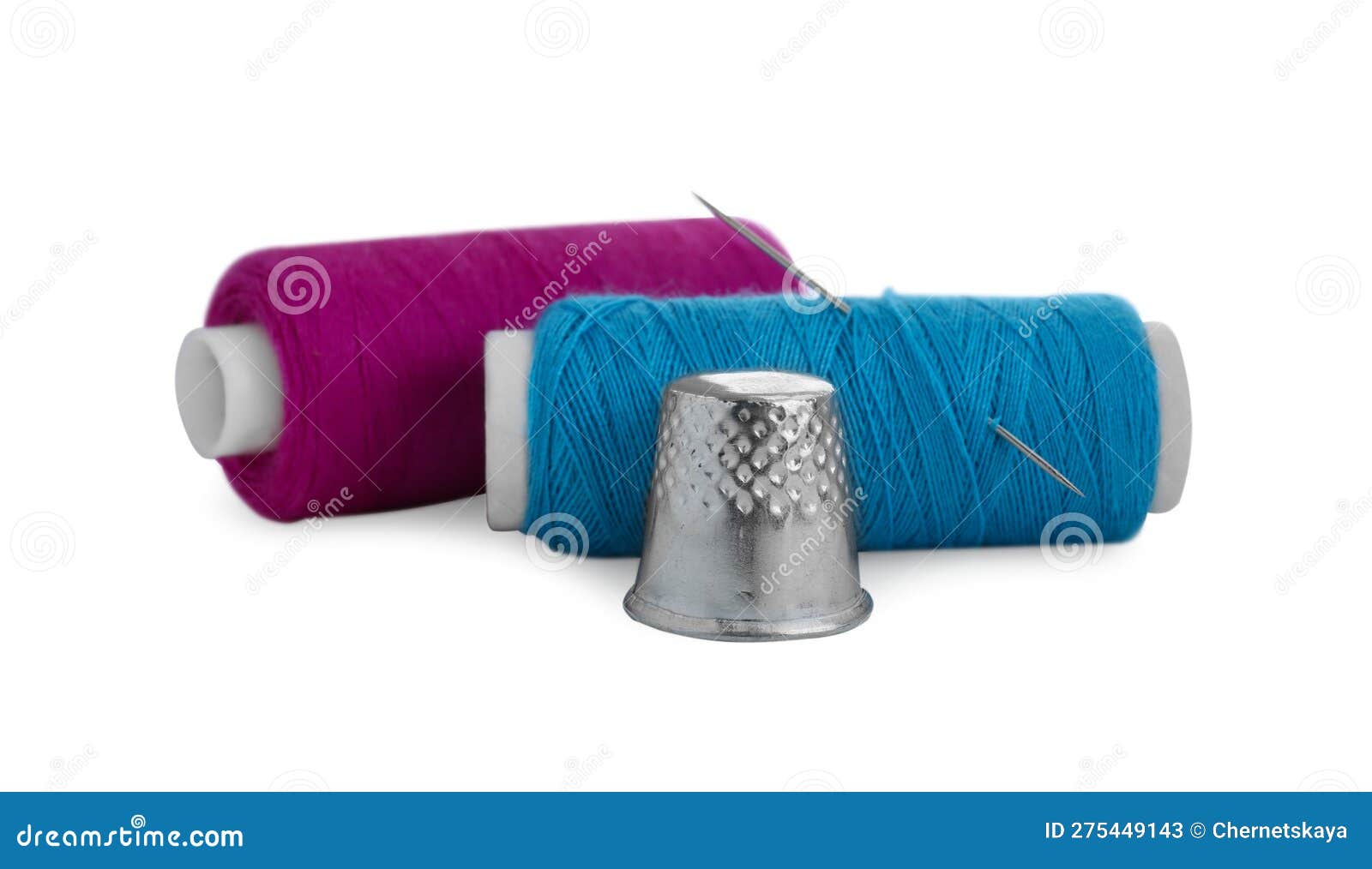 Thimble, Spools of Sewing Threads and Needle Isolated on White Stock ...