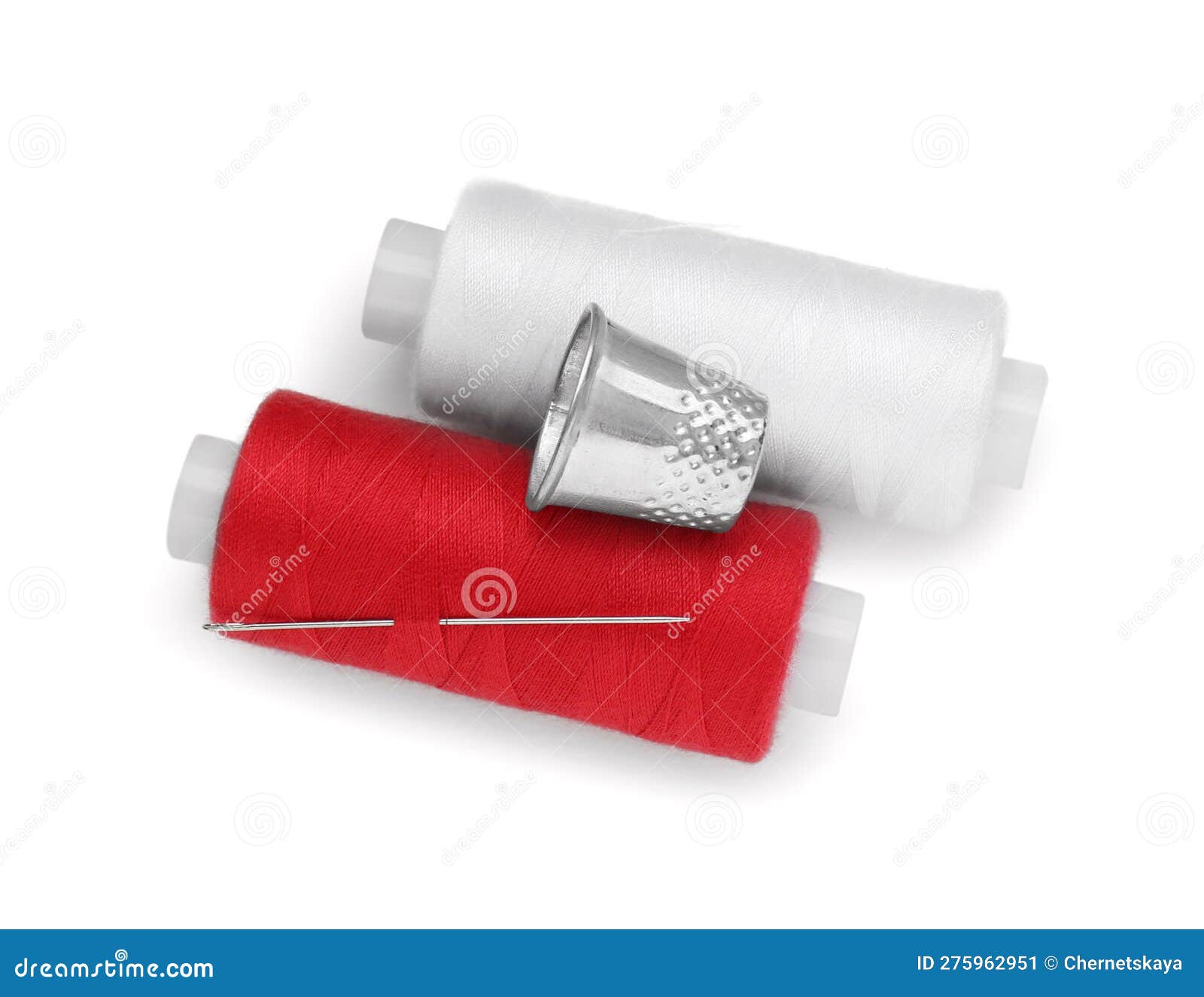 Thimble, Spools of Sewing Threads and Needle Isolated on White, Top ...