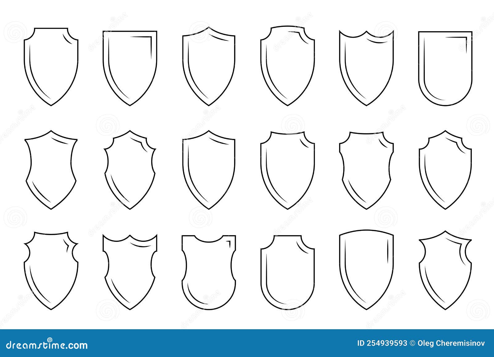 Thin Black Line Shields of Different Shapes Set, Abstract Internet ...