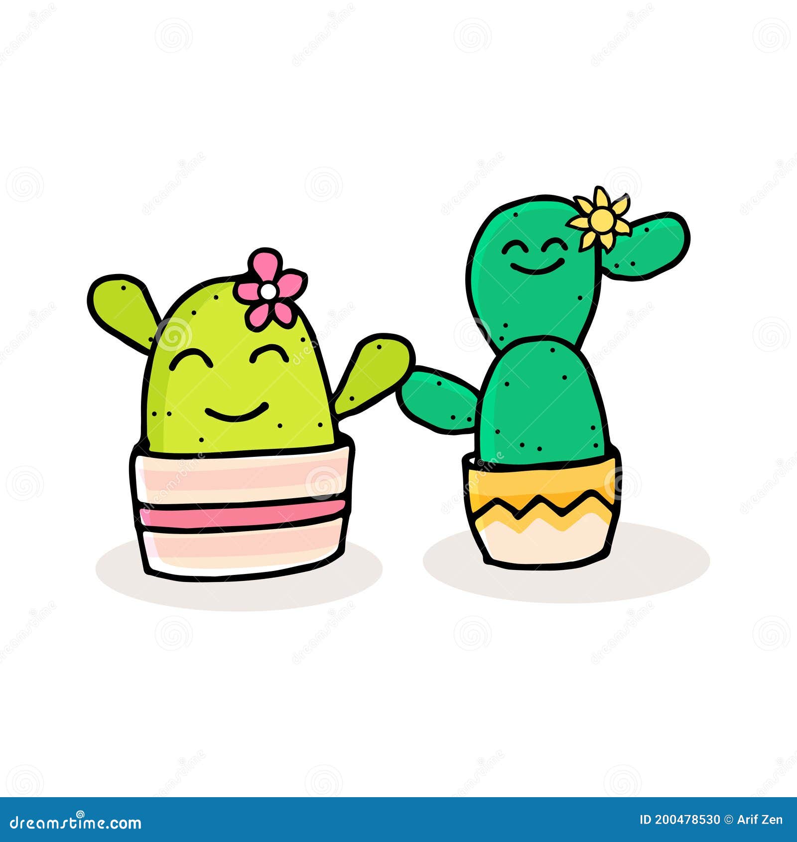 Thin Black Outline Two Cute Emoji Cactus Vector Illustration Isolated ...