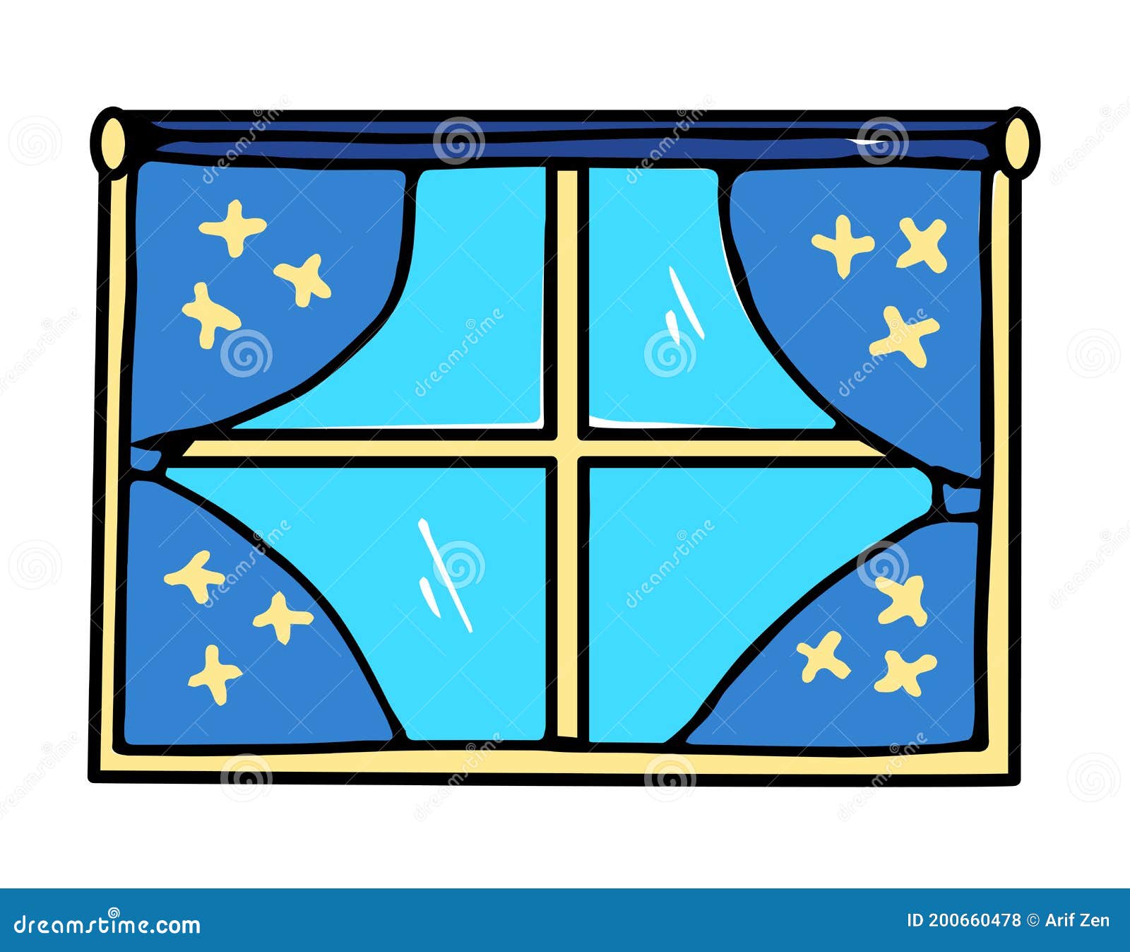 Thin Black Outline Window with Blue Curtain Vector Illustration ...