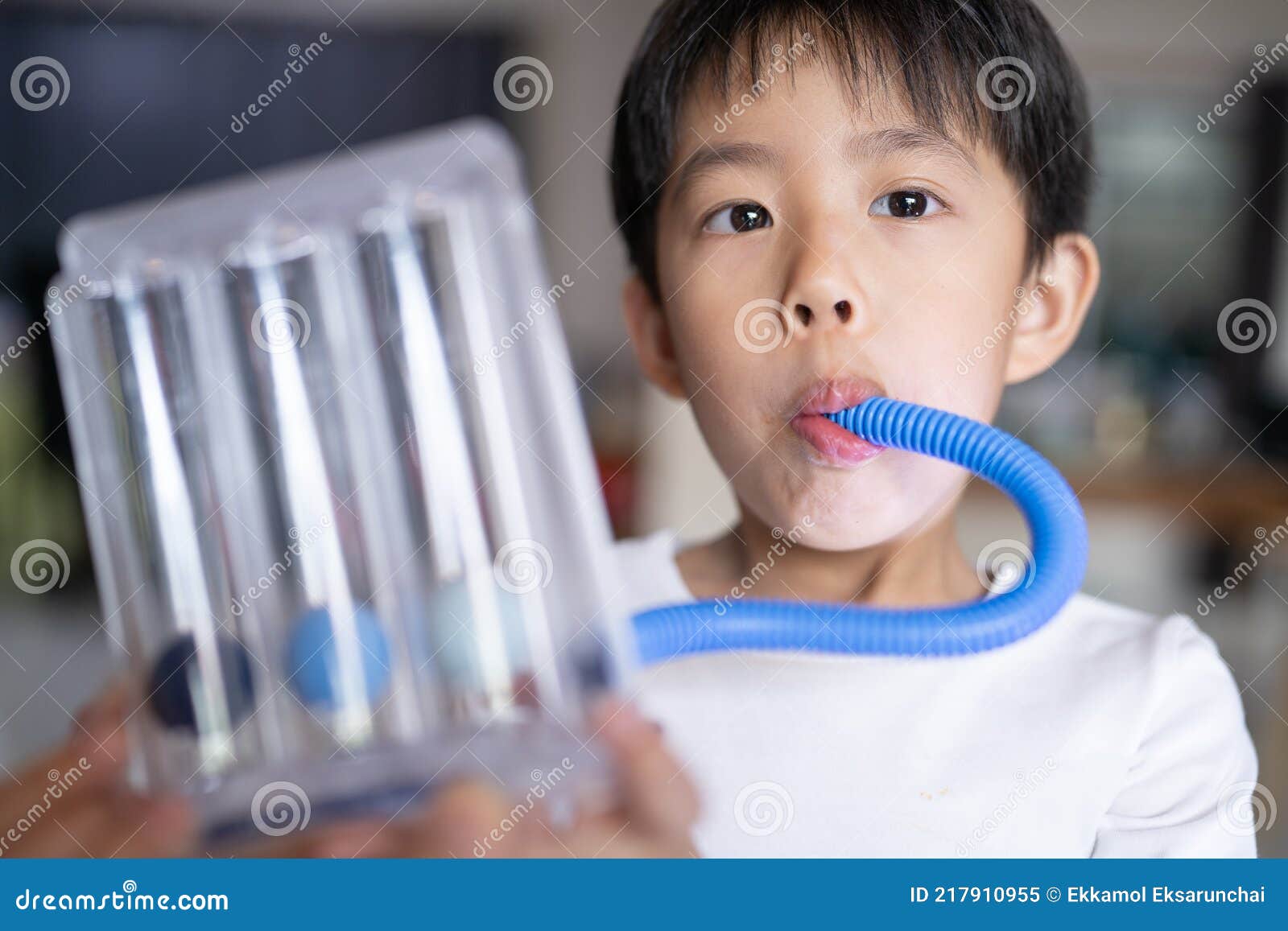 Thin Boy Uses A Tri-ball Incentive Spirometer For Check His Lung ...