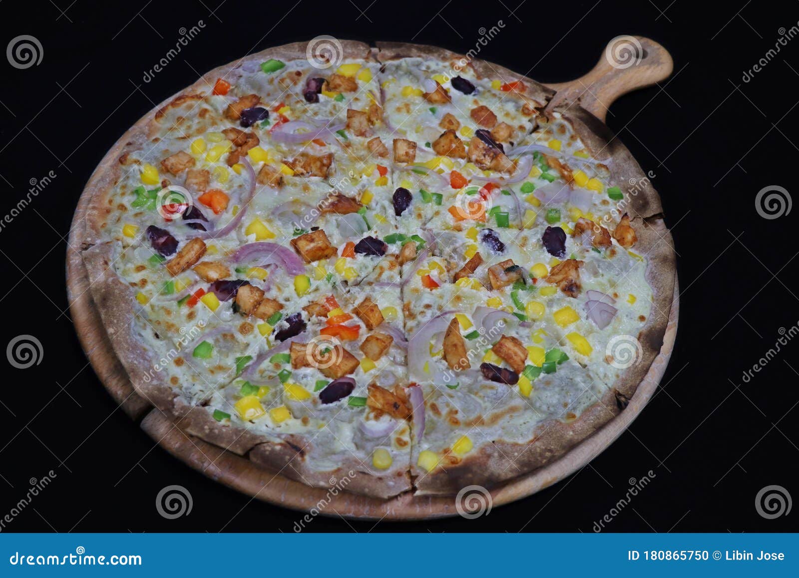 Thin Crusted Italian Mix Vegetables Pizza in a Wood Board Stock Photo ...