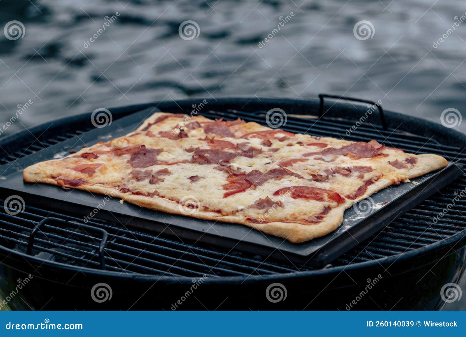 Delicious Rectangular Pizza With Mozzarella, Bacon And Fried Eggs Stock ...