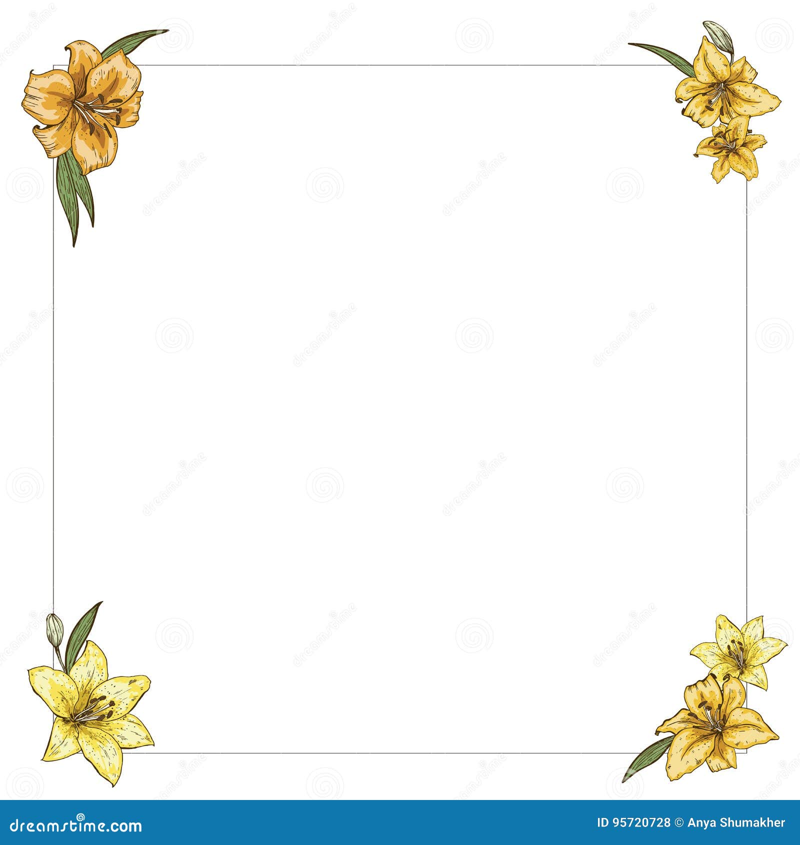 Thin Frame with Yellow Lilies in the Corners. Ready Template for Your ...