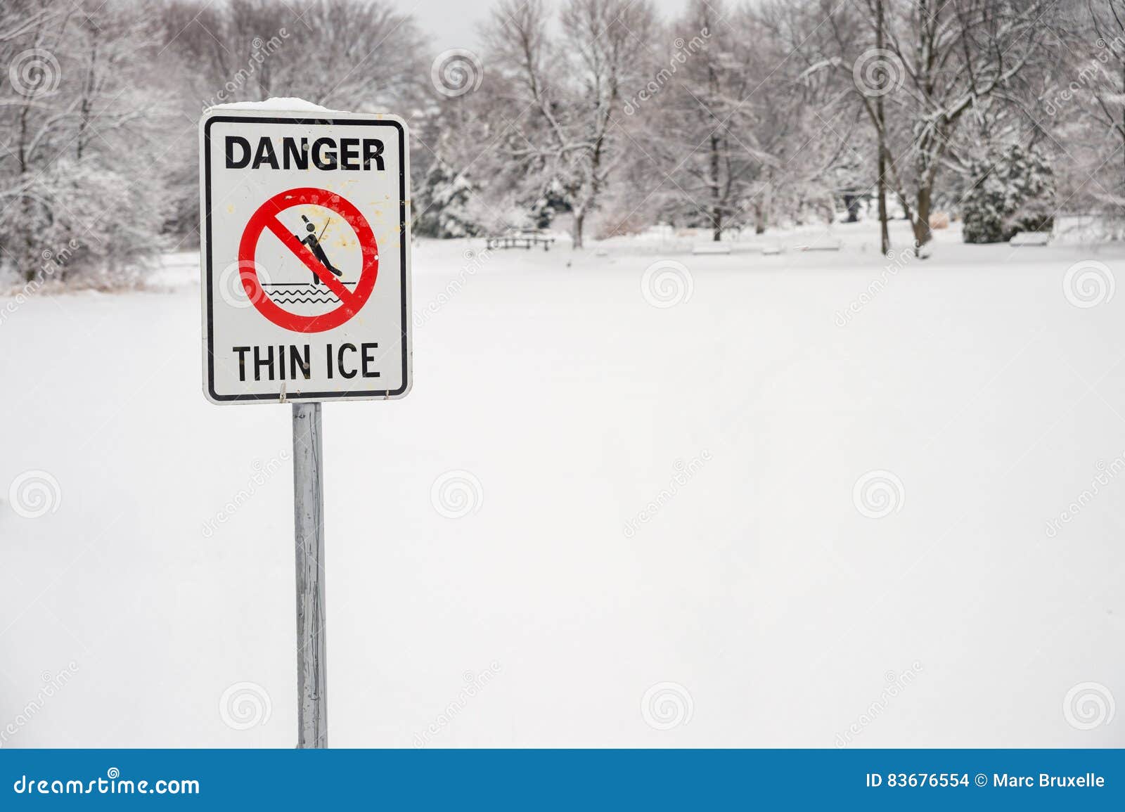 Thin Ice Warning Sign stock photo. Image of snow, thin - 83676554