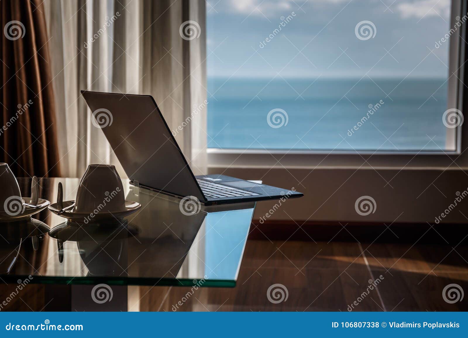 Thin Laptop on Glass Table. Stock Photo - Image of digital, glass ...