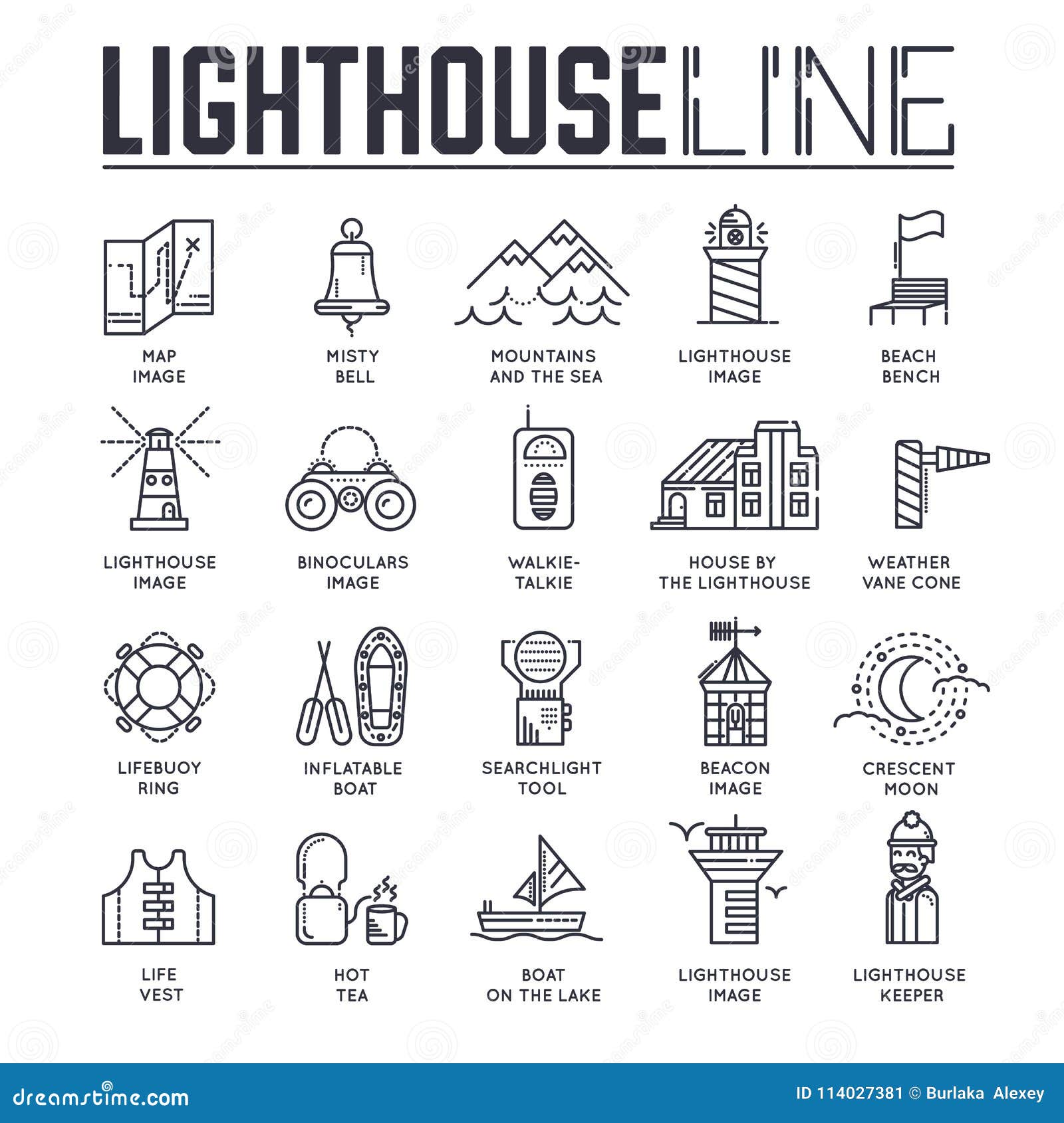 Thin Line Building of Lighthouse Glowing at Night at the Ocean Concept ...