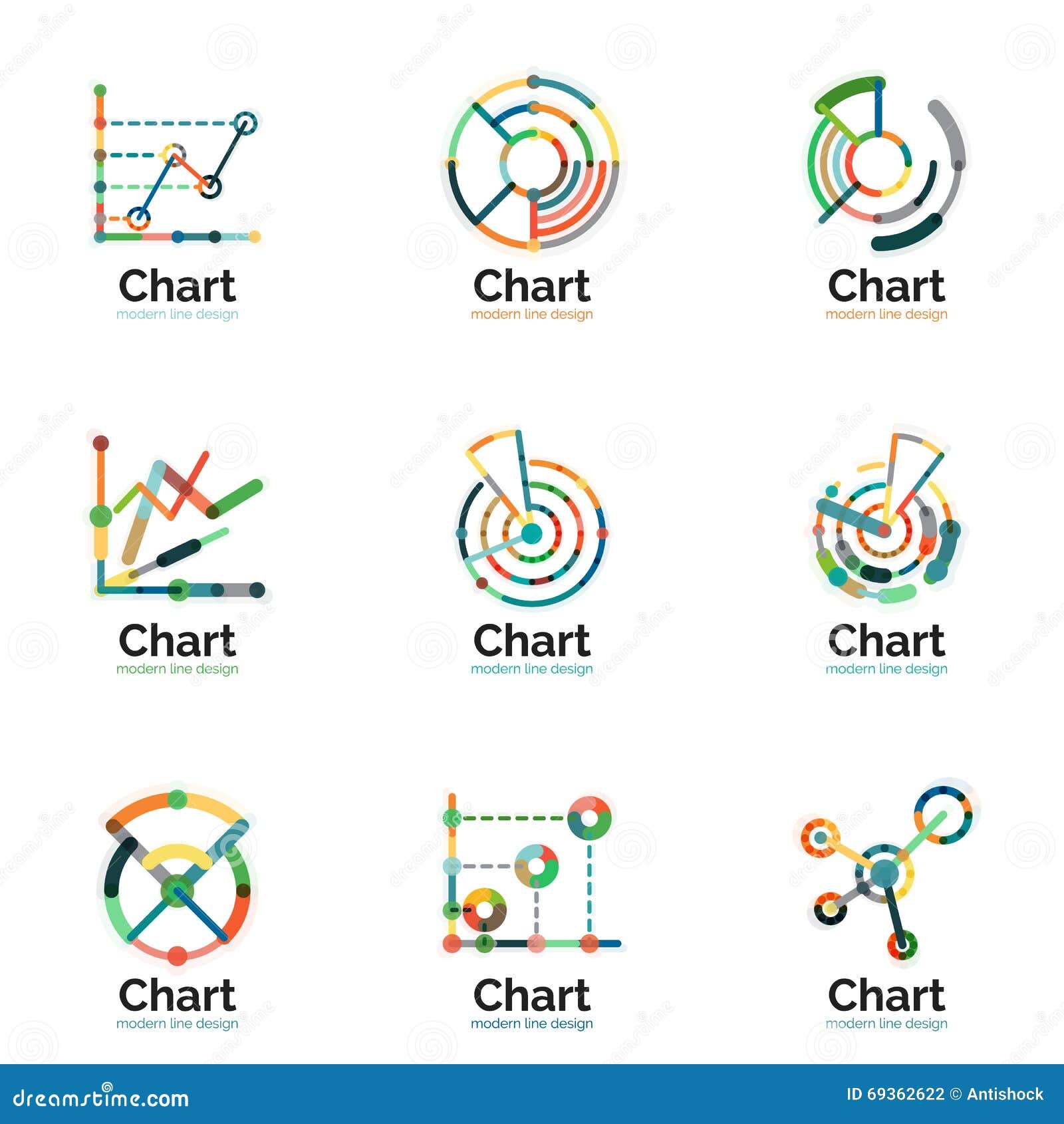 Thin Line Chart Logo Set. Graph Icons Modern Colorful Flat Style Stock ...