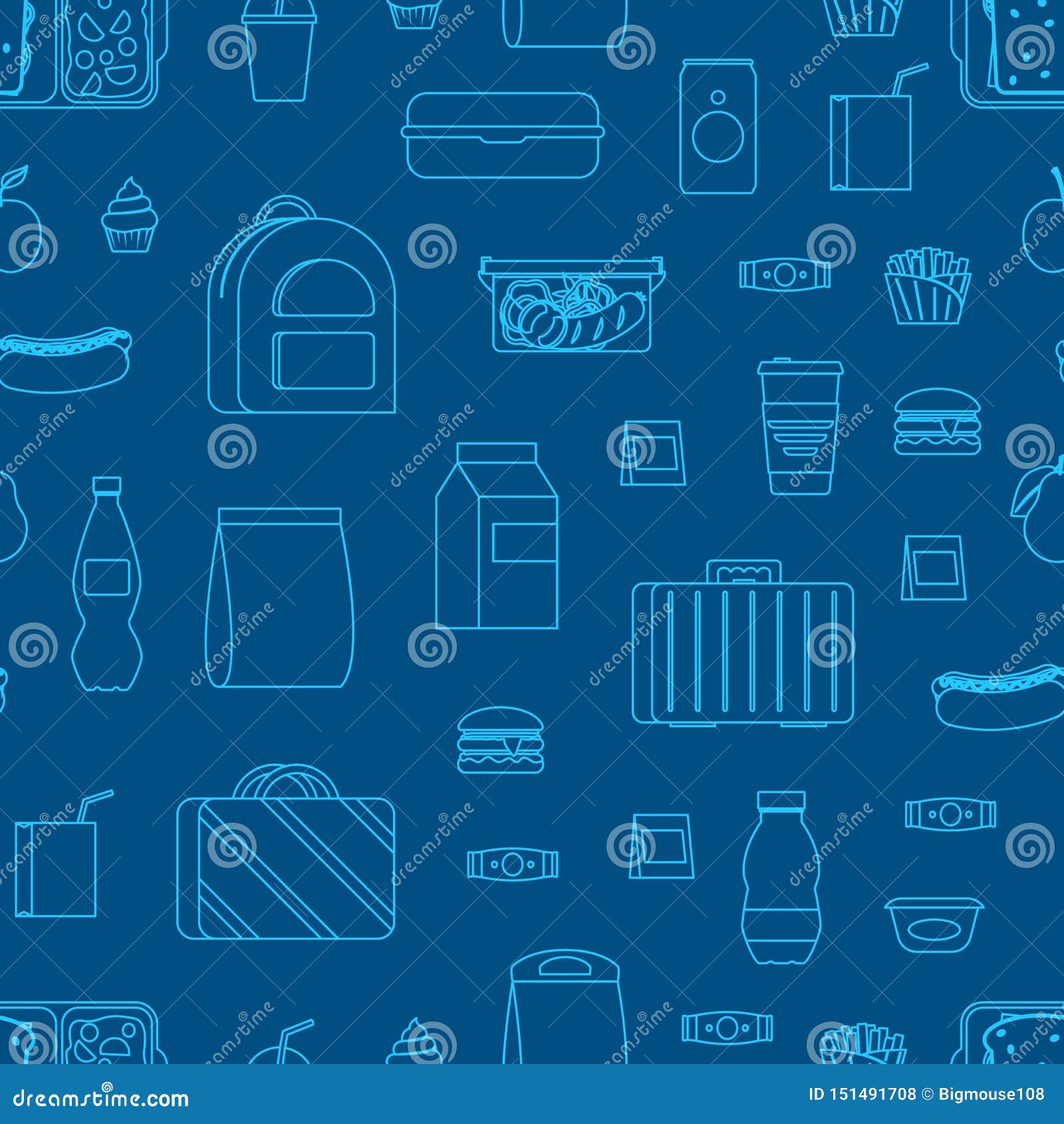 Thin Line Color School Lunch Food Boxes Seamless Pattern Background ...