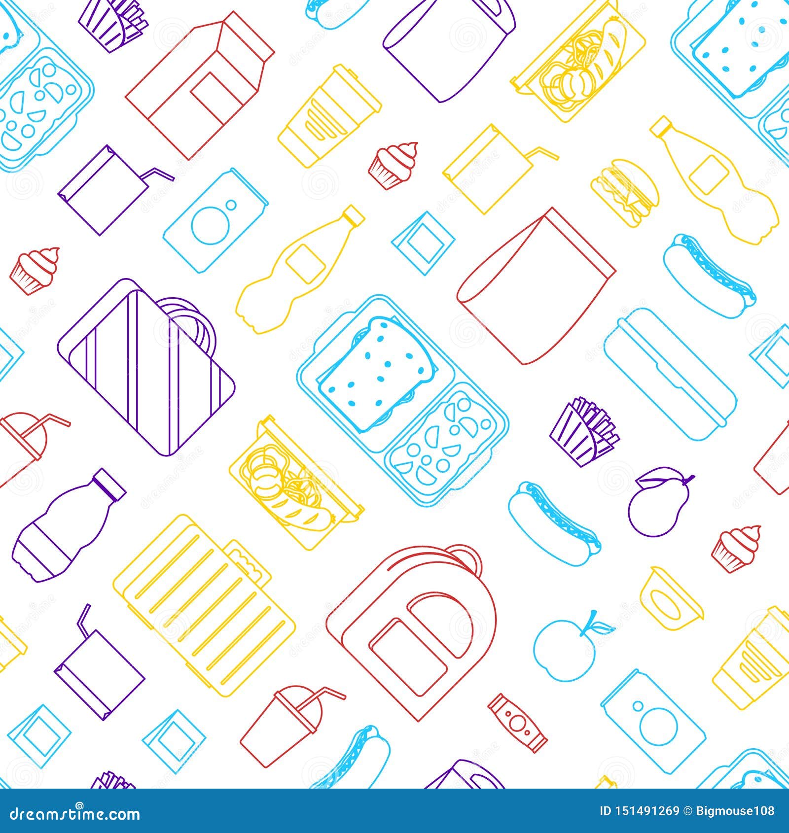 Thin Line Color School Lunch Food Boxes Seamless Pattern Background ...