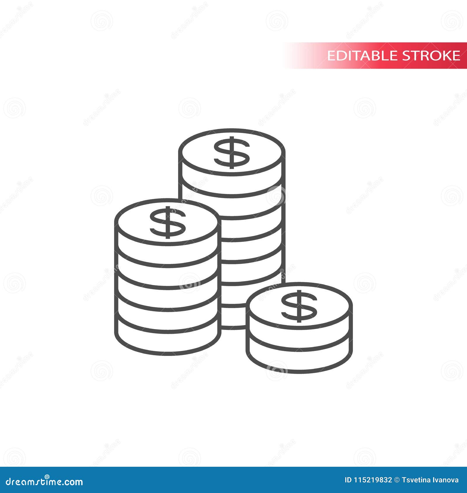 Thin Line Dollar Coin Stack Icon. Outline, Editable Dollars Coins ...