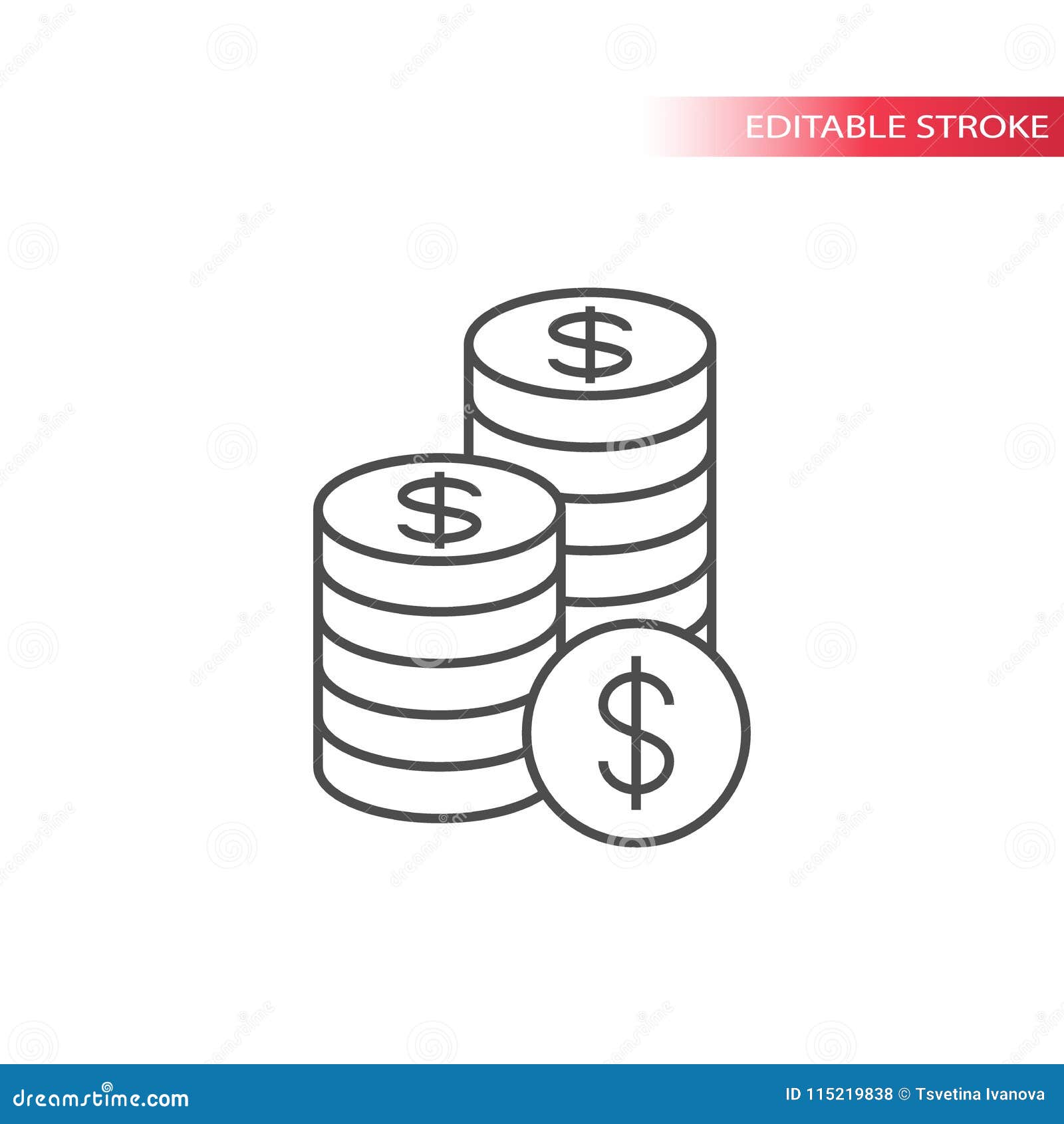 Thin Line Dollar Coin Stack Icon. Outline, Editable Dollars Coins ...