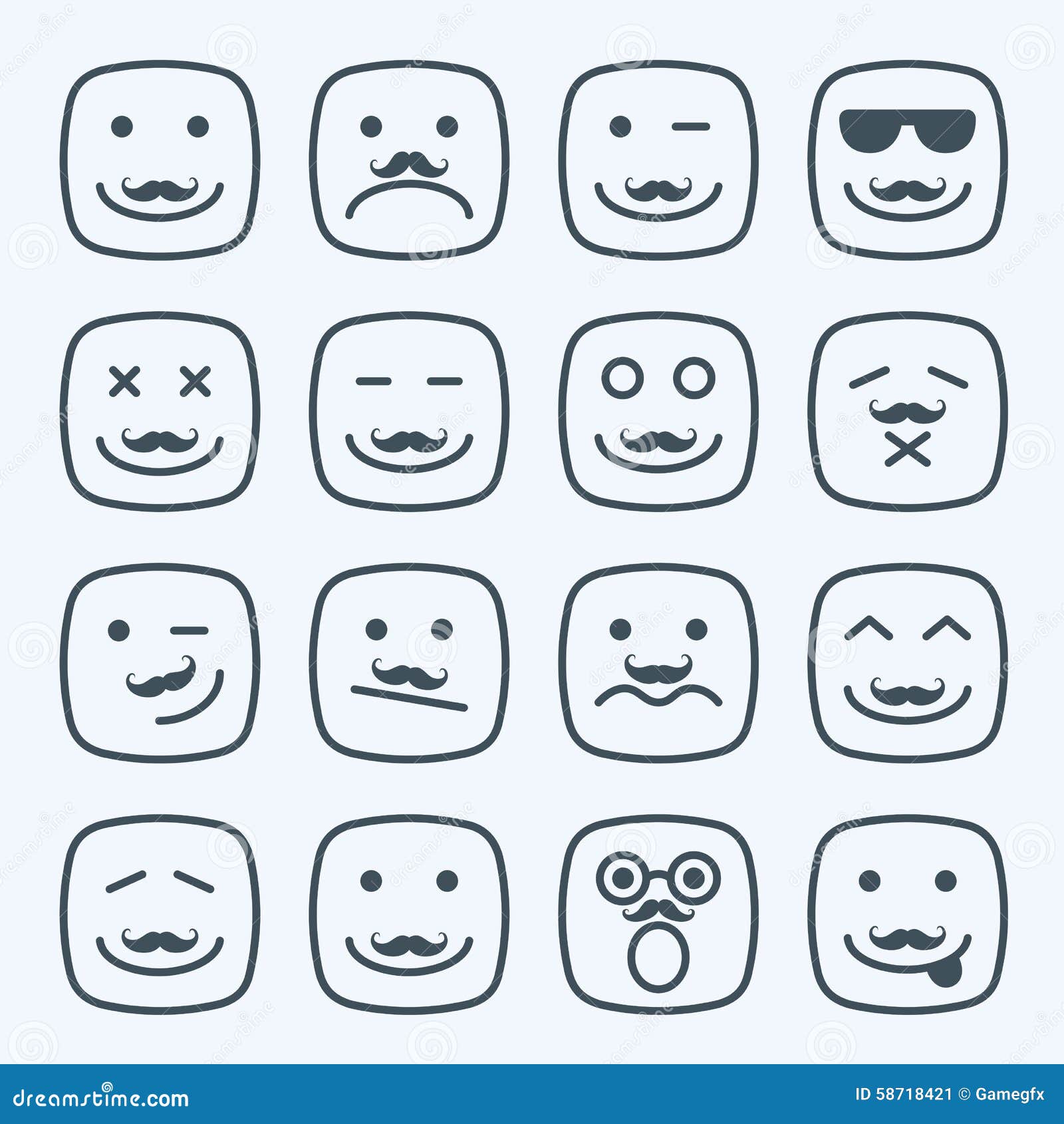 Thin Line Emotional Moustache Square Yellow Faces Stock Vector ...