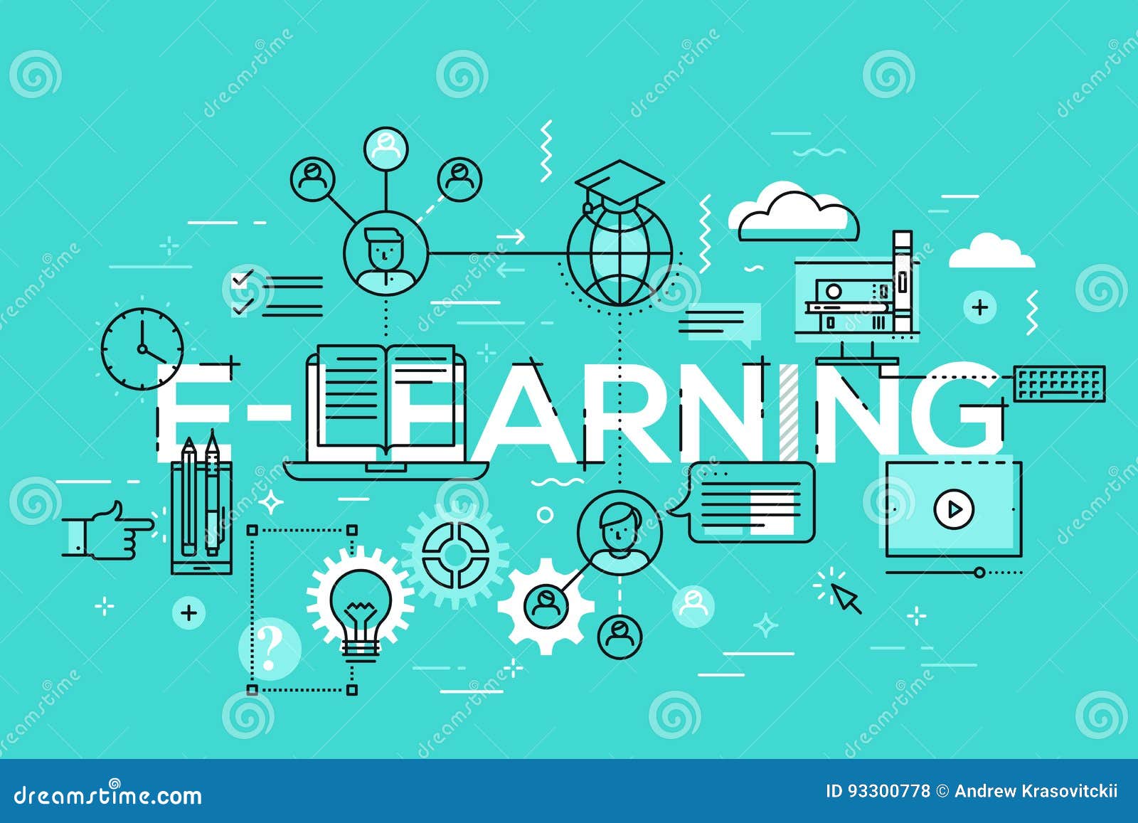 Thin Line Flat Design Banner of E-learning Web Page Stock Vector ...