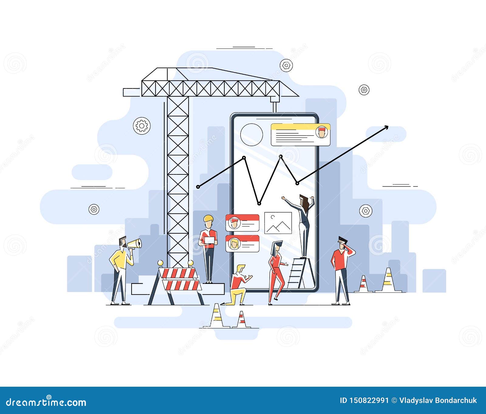 Thin Line Flat Design of Mobile App Construction Site, Smartphone User ...