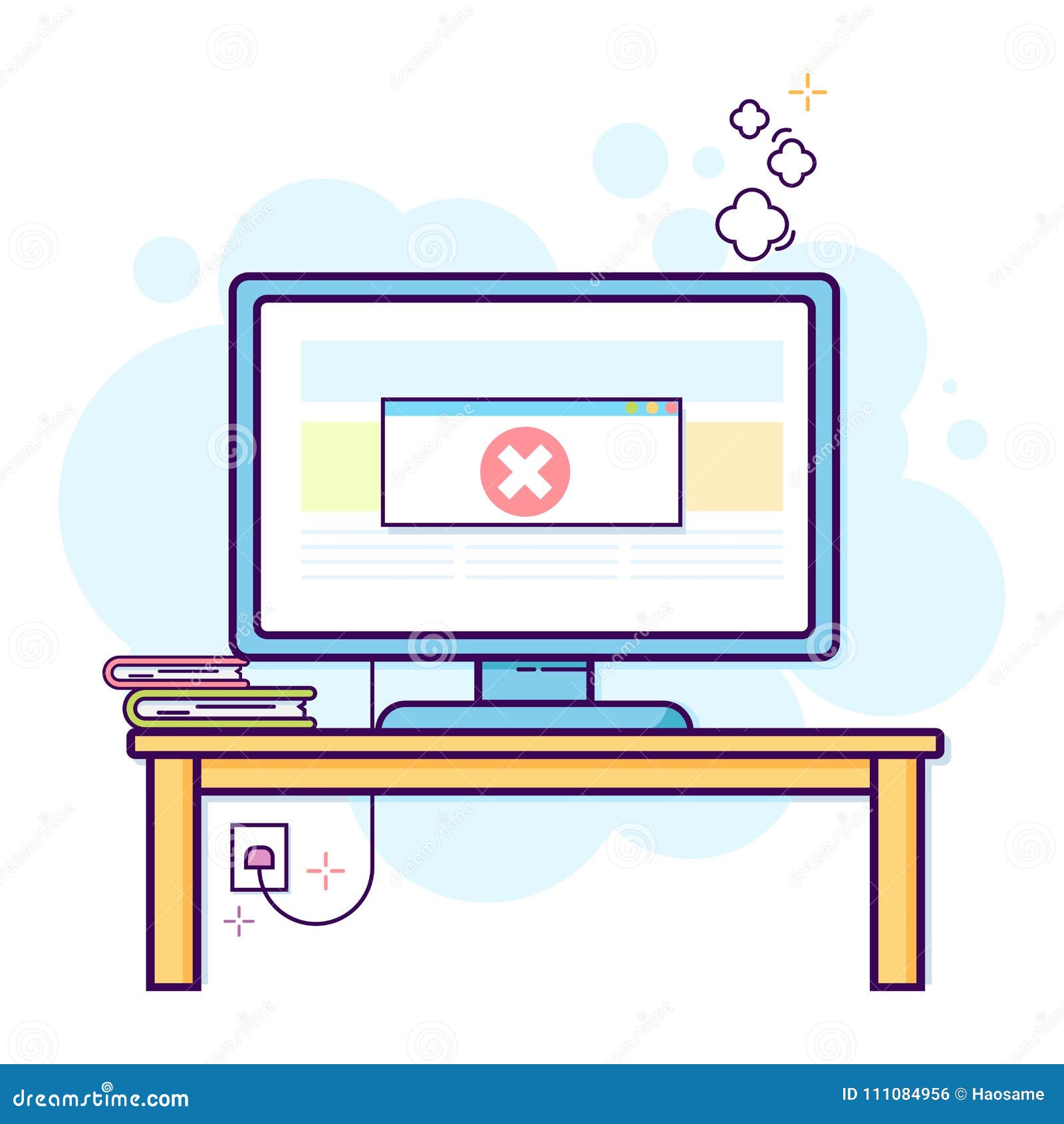 Thin Line Flat Design of Modern Office Workspace with Desktop Computer ...