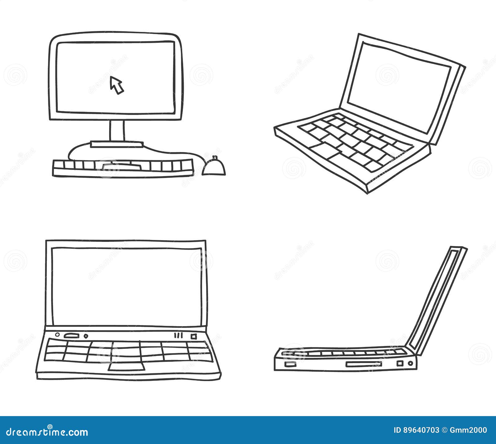 Thin Line Hand Drawn Laptop and Desktop Computer Art Stock Illustration ...