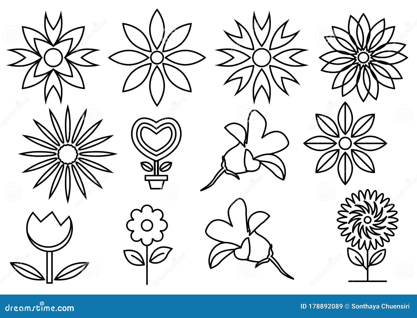 Thin Line Icons Flowers Set on White Background,vector Illustrations ...