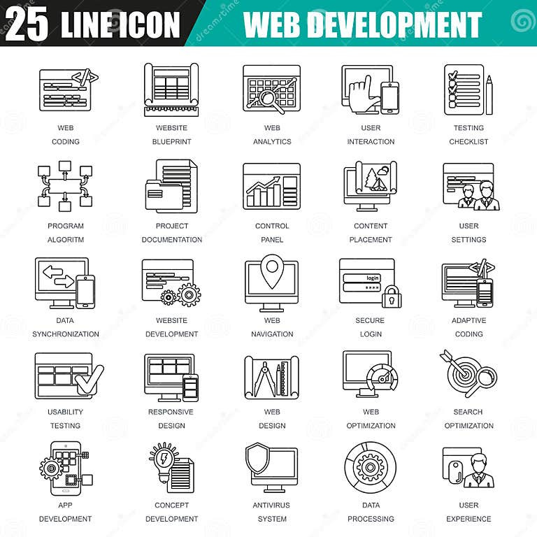 Thin Line Icons Set of Web Design and Development, Web Coding Stock ...