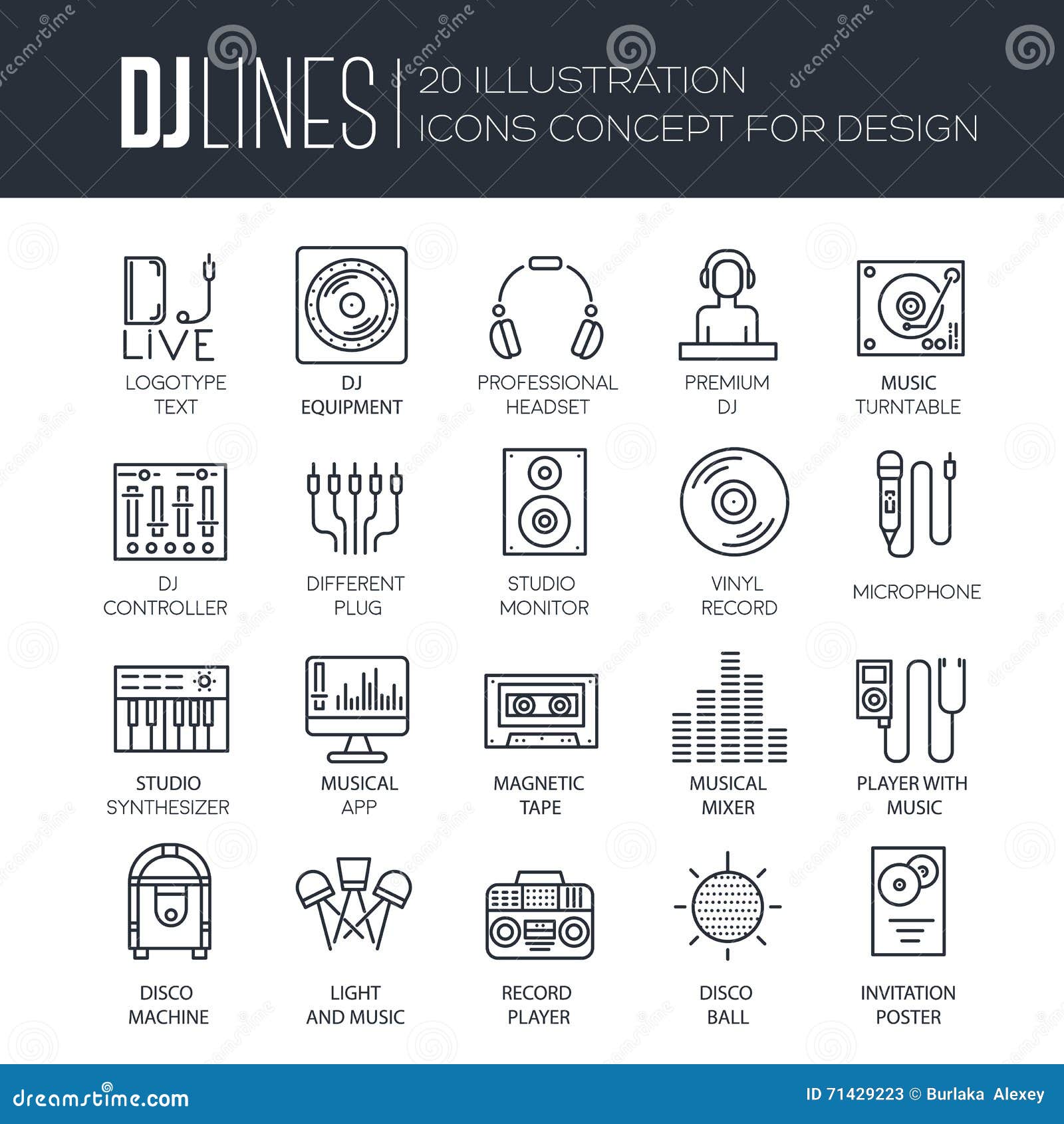 Thin Lines Icons of Dj Staff and Any Equipment Set. Vector Music ...