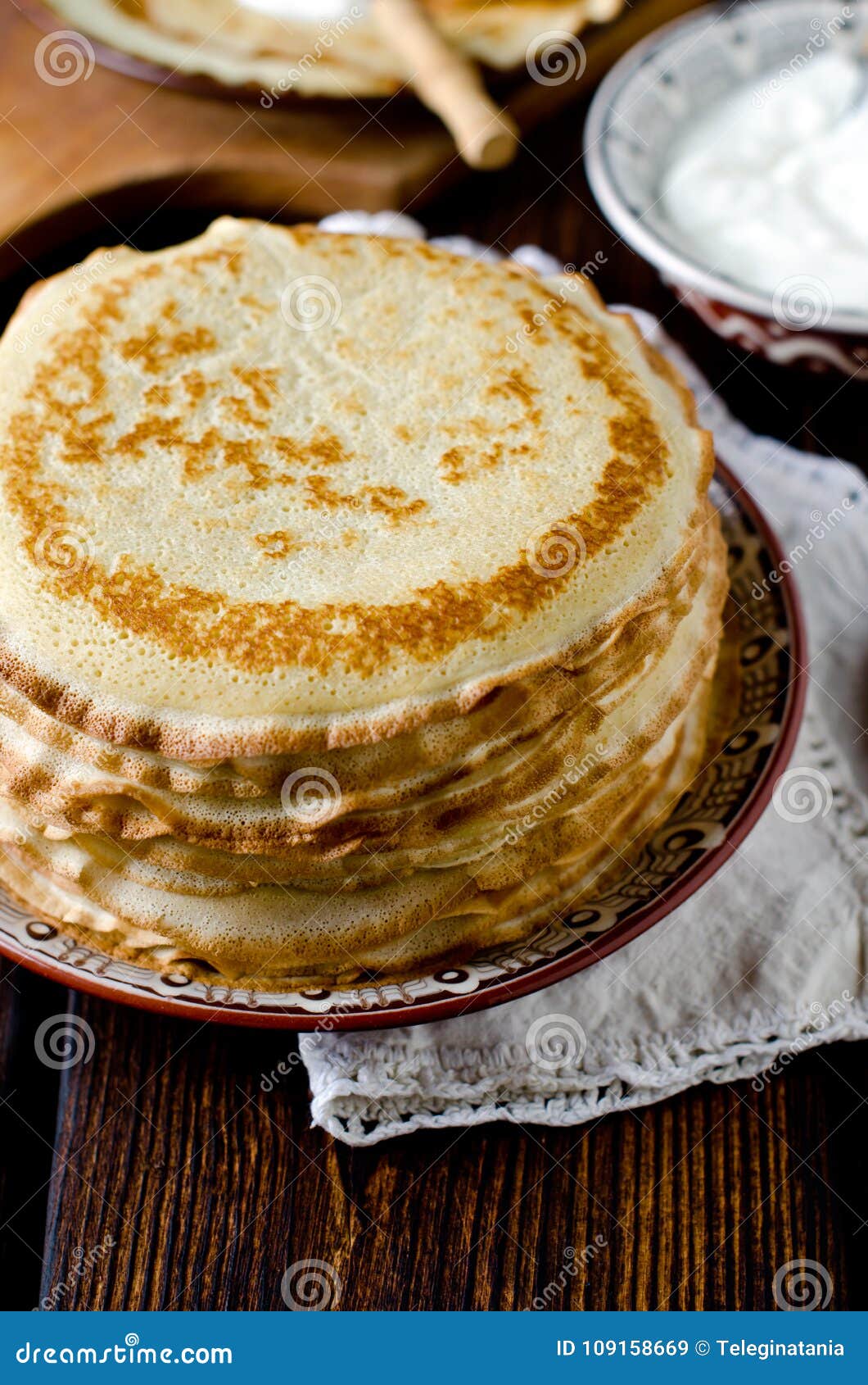 Thin Pancakes on a Wooden Table Stock Image - Image of delicious ...