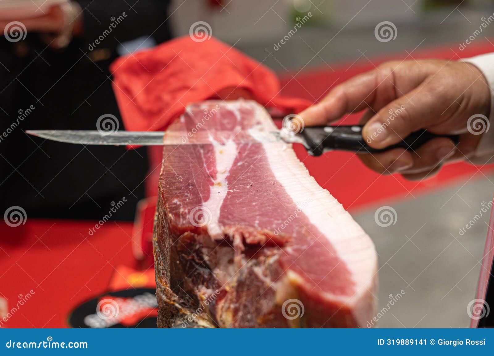 Thin Slice of Raw Ham Leg Inside Cutting Holder Cut by Hand with a ...
