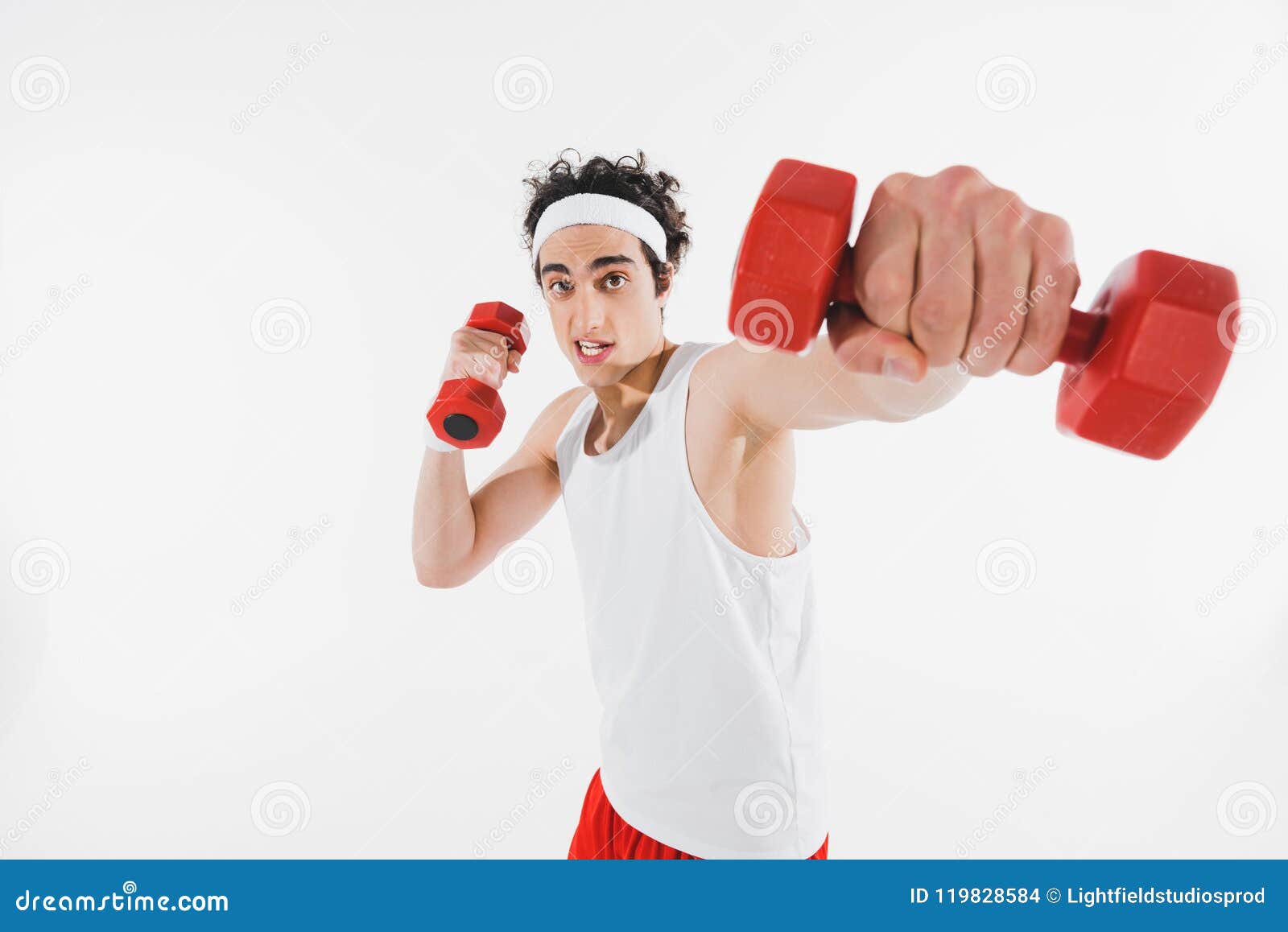 Thin Sportsman Exercising with Dumbbells Stock Photo - Image of athlete ...