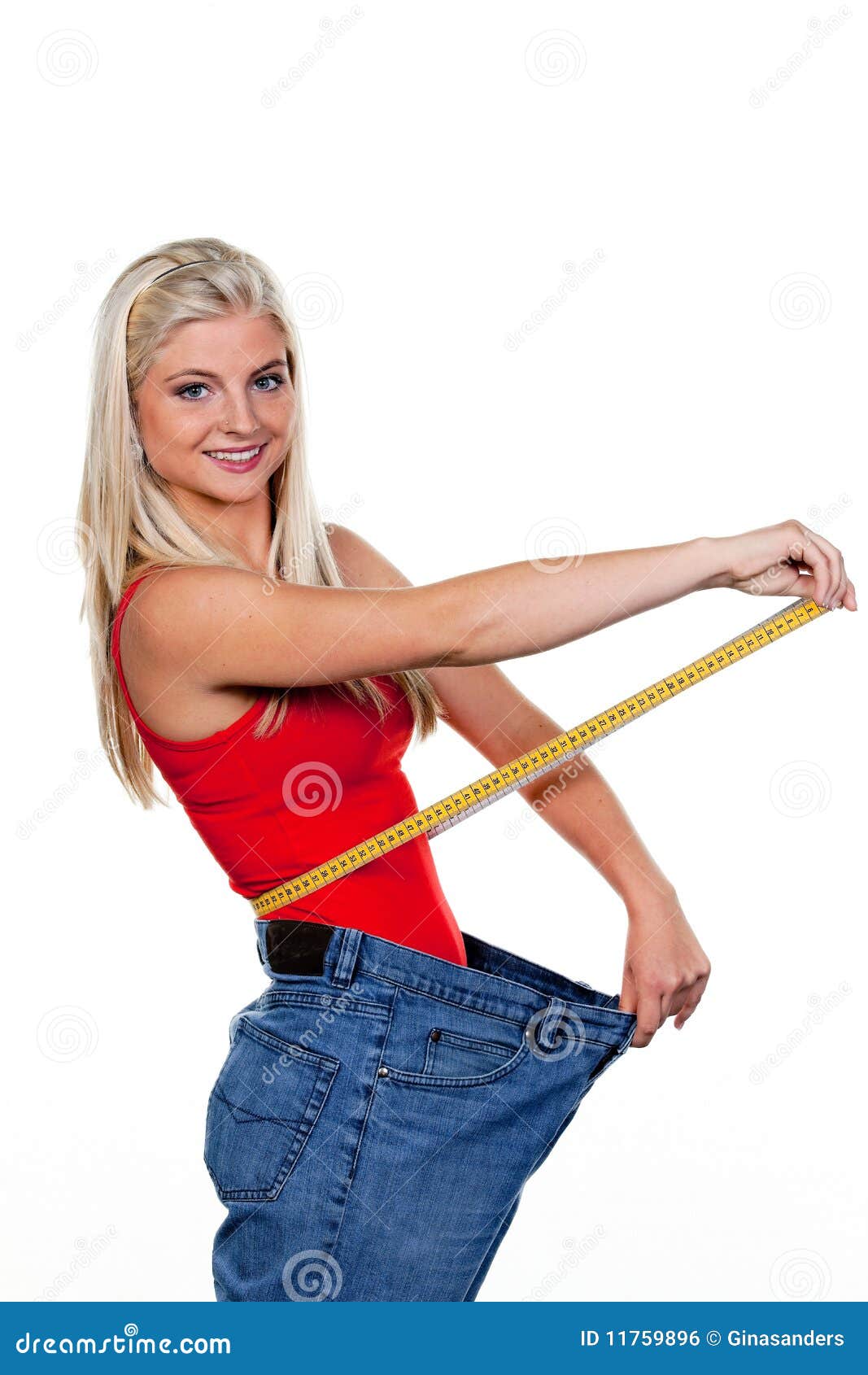 Thin Woman with Tape Measure and Large Jeans Stock Photo - Image of ...