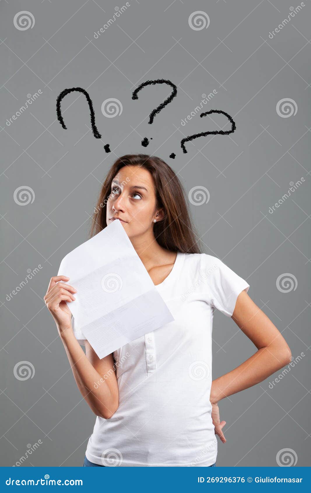 Thin Young Woman with Questioning Letter and Three Question Mark Stock ...