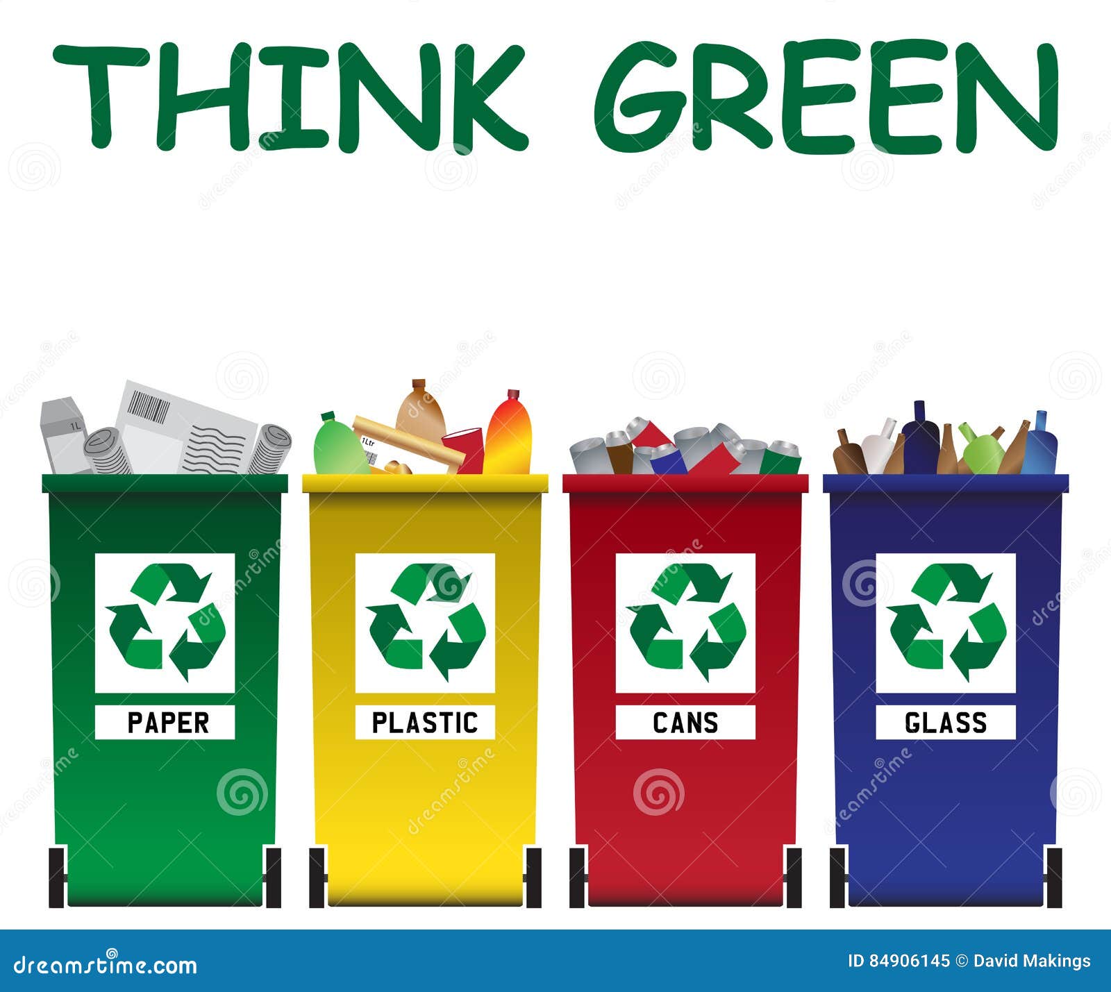 Think Green Full Eco Bins stock illustration. Illustration of reusable ...