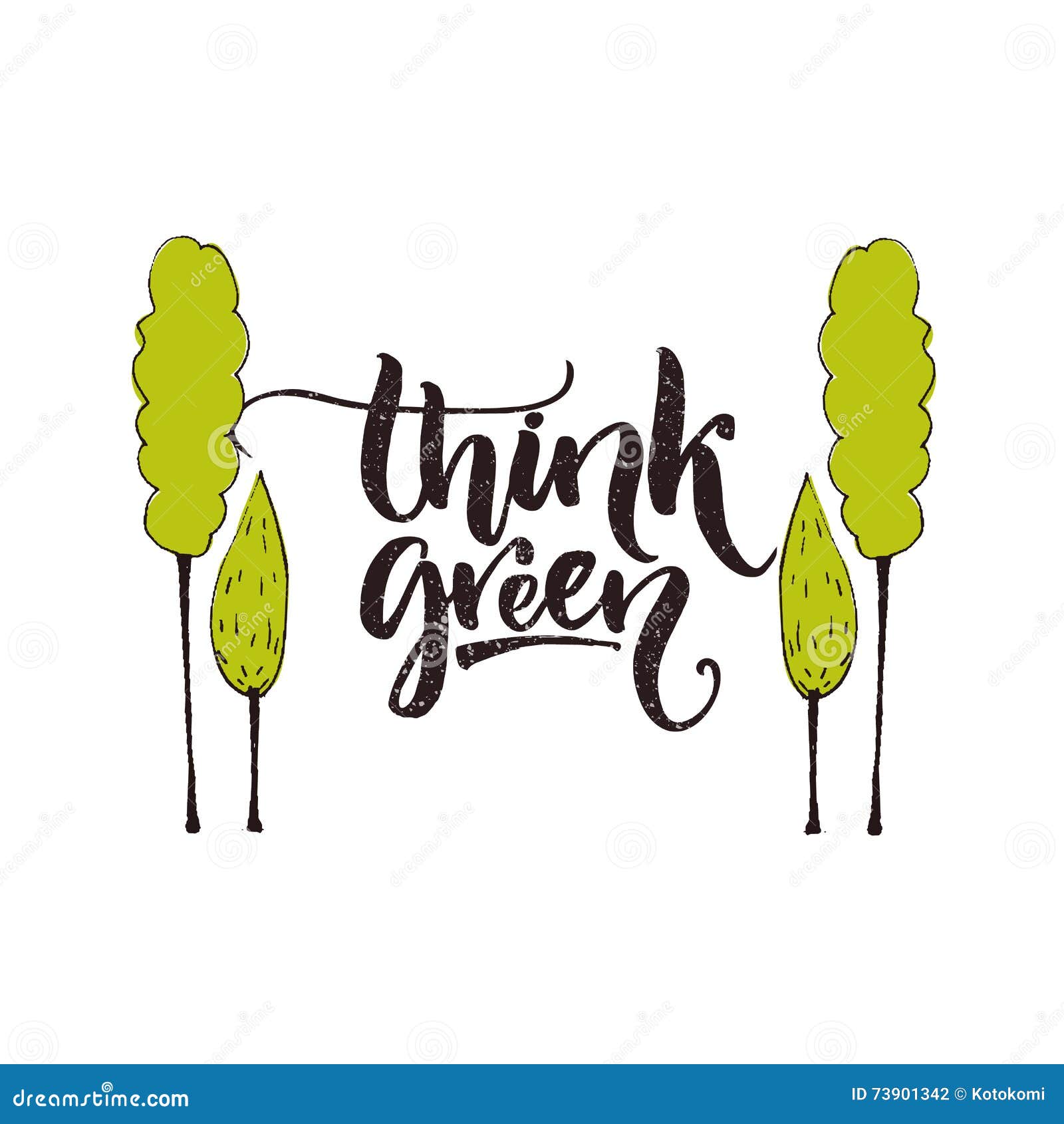Think Green Text and Hand Drawn Trees. Eco Friendly Vector Illustration ...