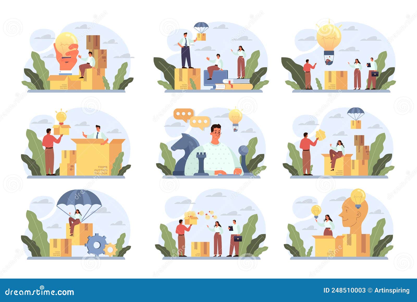 Think Outside the Box Concept Set. Creativity and Brainstorming Stock ...