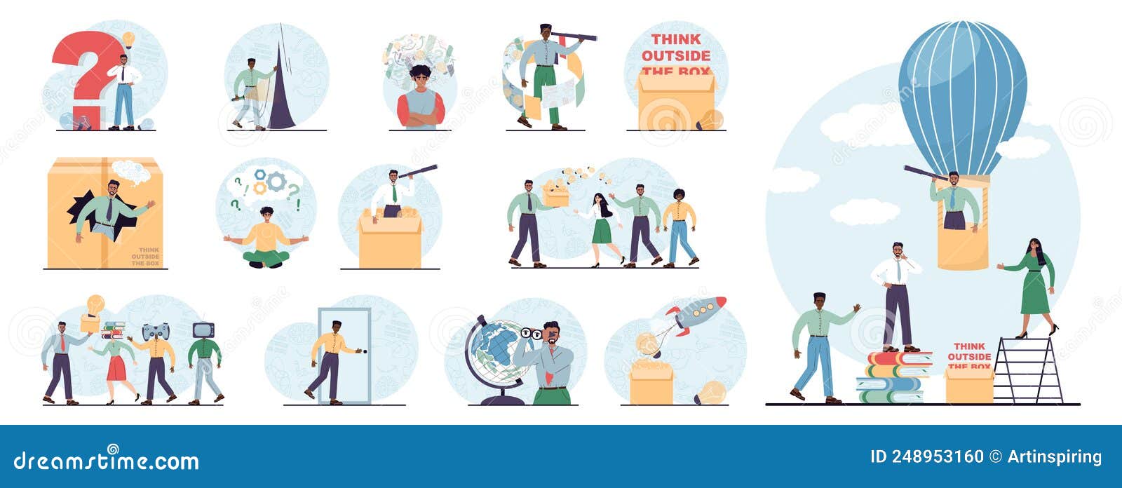 Think Outside the Box Concept Set. Creativity and Brainstorming Stock ...