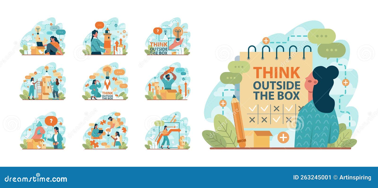 Think Outside the Box Concept Set. Idea of Creative Thinking and ...