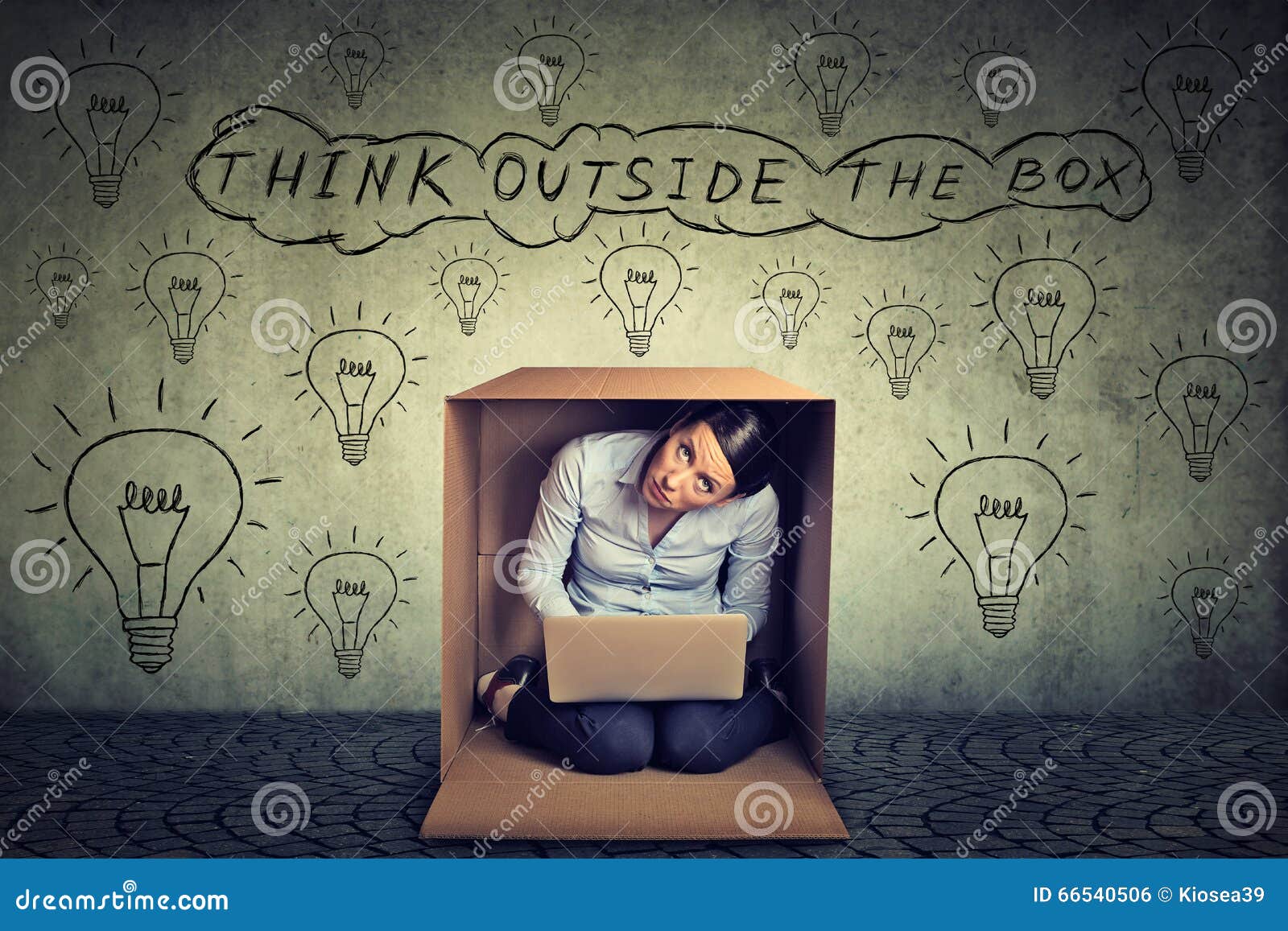 Think Outside The Box Concept. Woman Sitting Inside Box Using Working ...