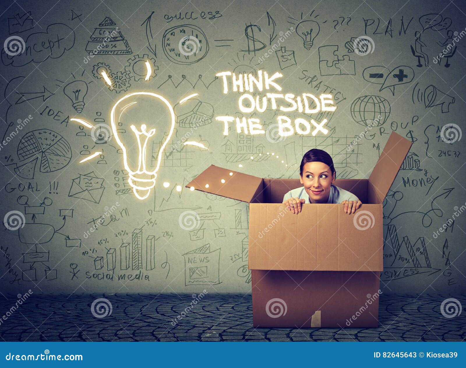 Think Outside Box Concept. Young Woman Coming Out of Box Stock Image ...